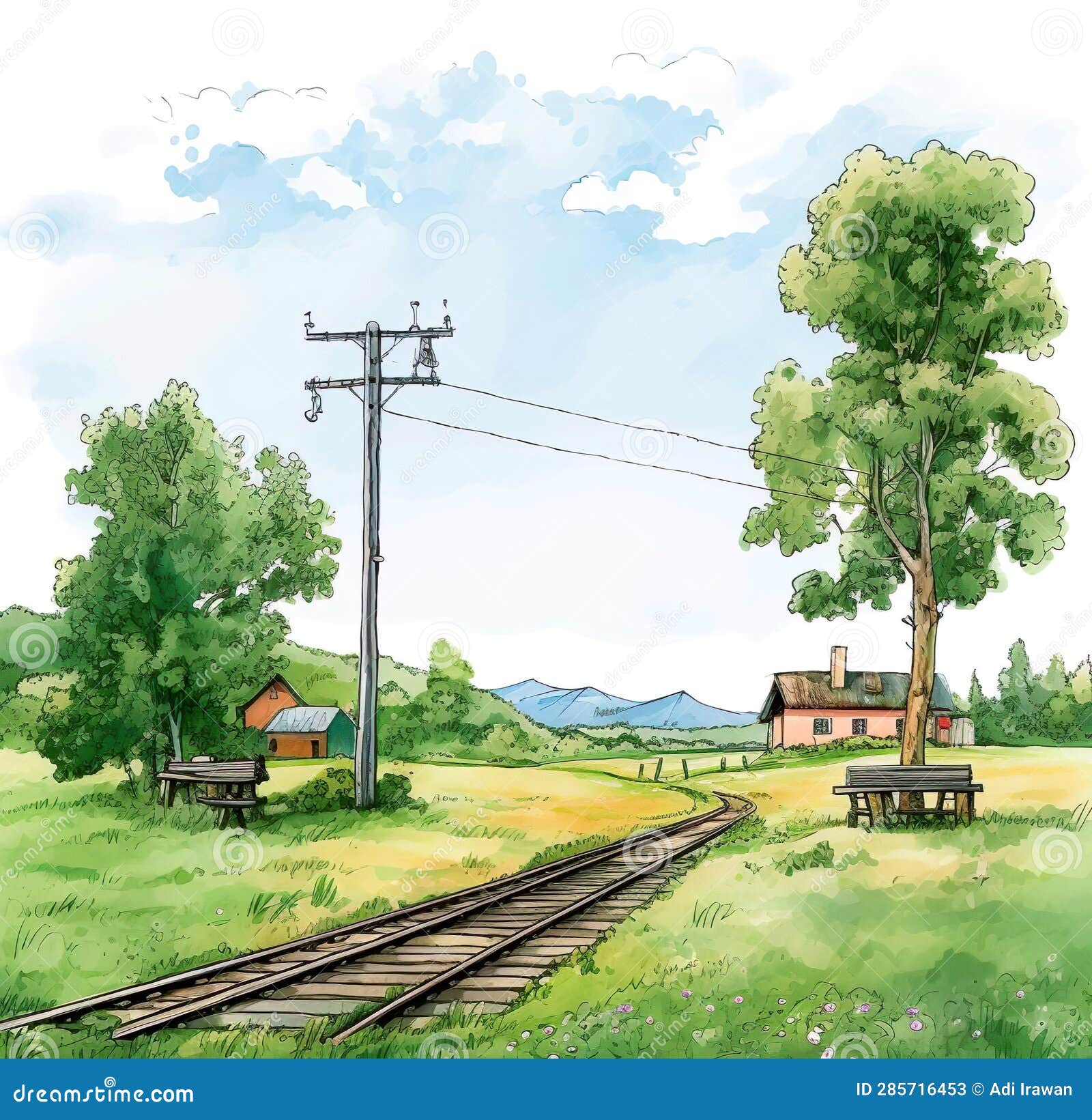 A Painting of a Train Track with a House in the Background Stock Image ...