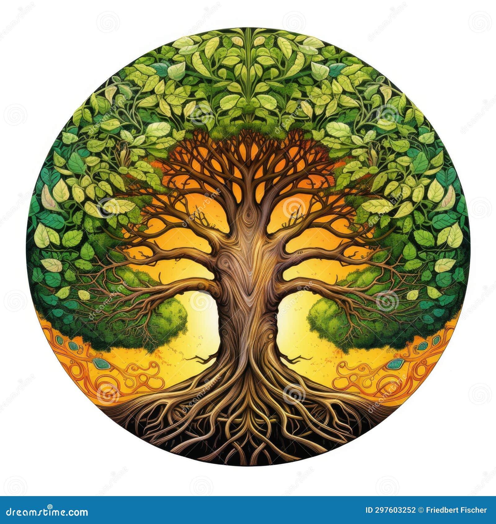A Painting of a Tree in a Circle Stock Illustration - Illustration of ...