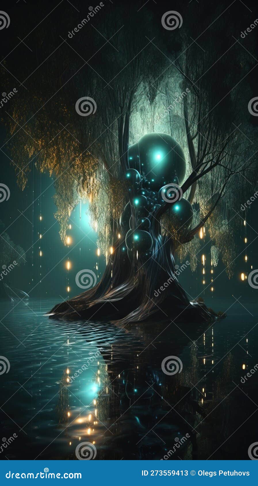 A Painting of a Tree with Glowing Lights in the Background Stock ...