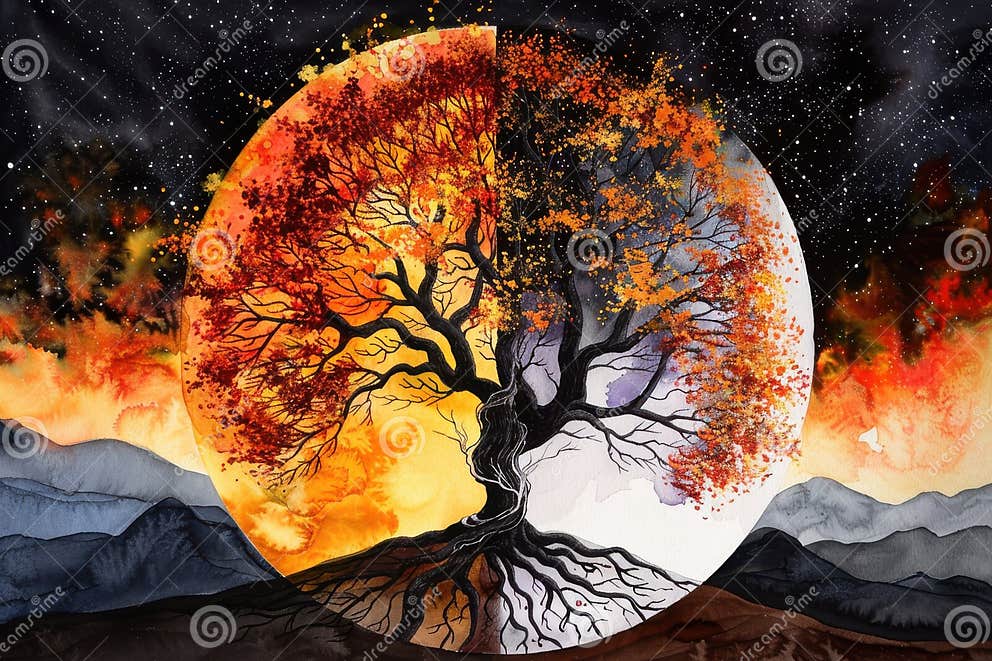 Seasonal Tree, Vibrant Tree with Split Seasonal Colors, Nature Art ...