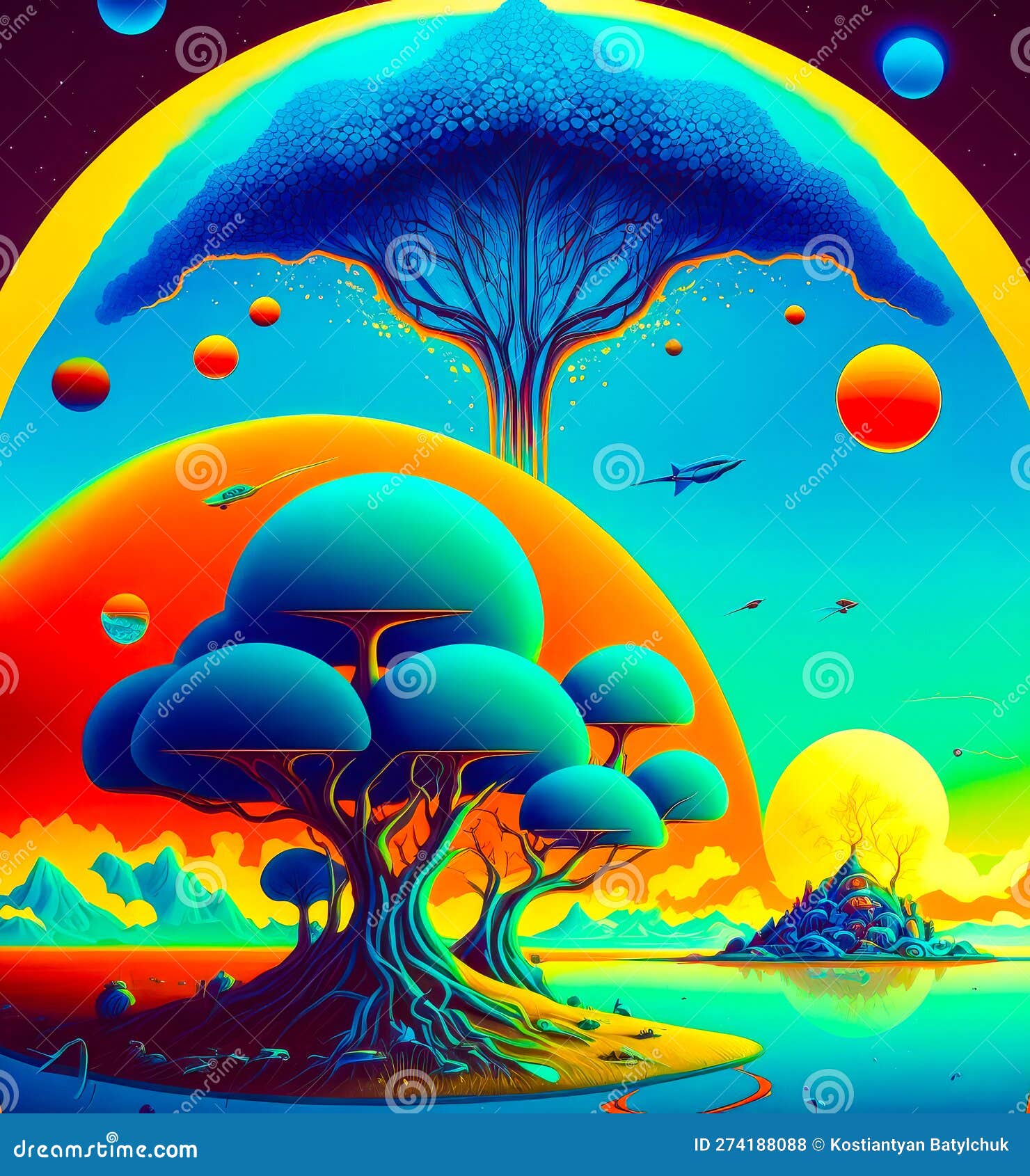 Painting of Tree with Planets in the Background. Generative AI Stock ...