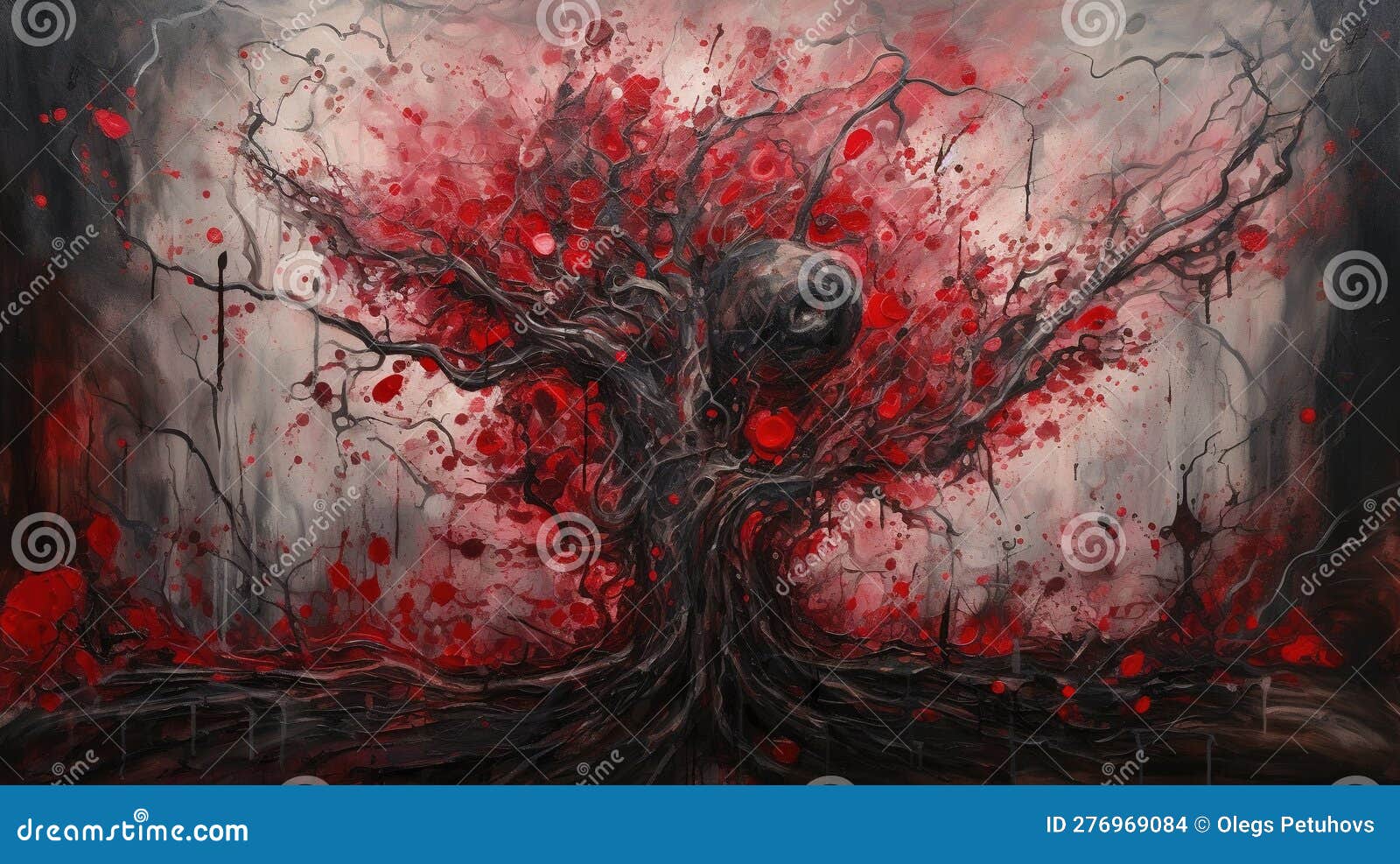 A Painting of a Tree with Red Leaves and a Black Bird Stock ...