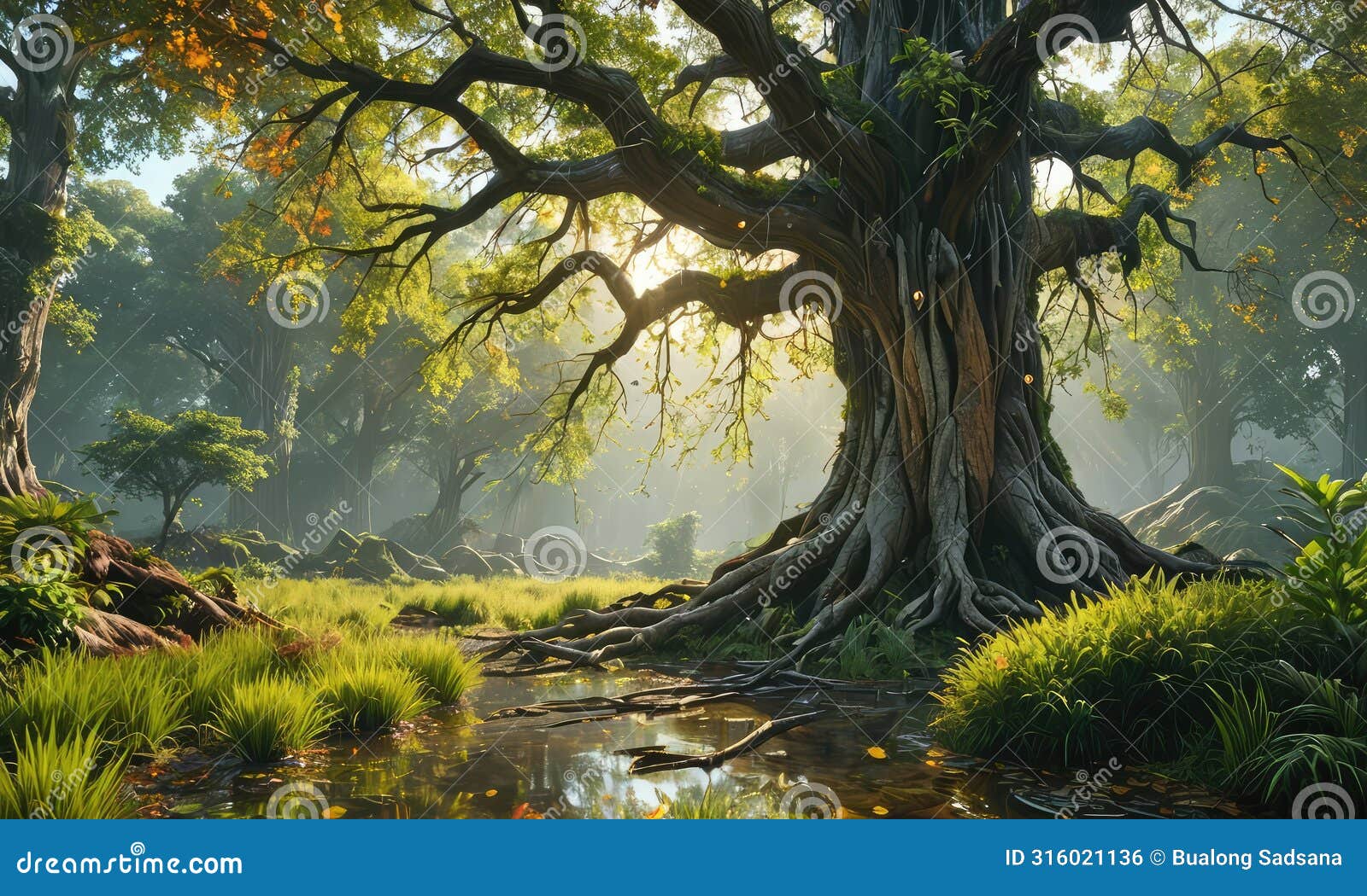 A Painting of a Tree with Roots in the Ground and a Stream Running ...