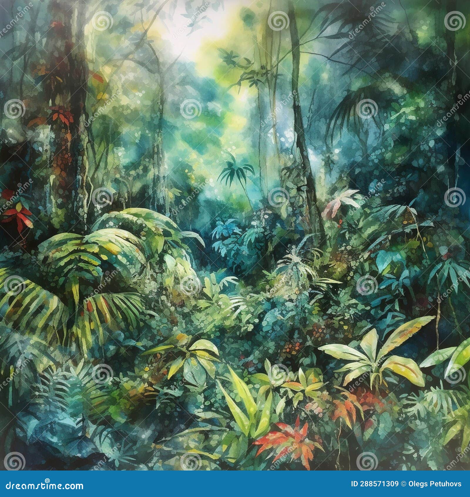 A Painting of a Tropical Forest with Lots of Trees and Plants Stock ...