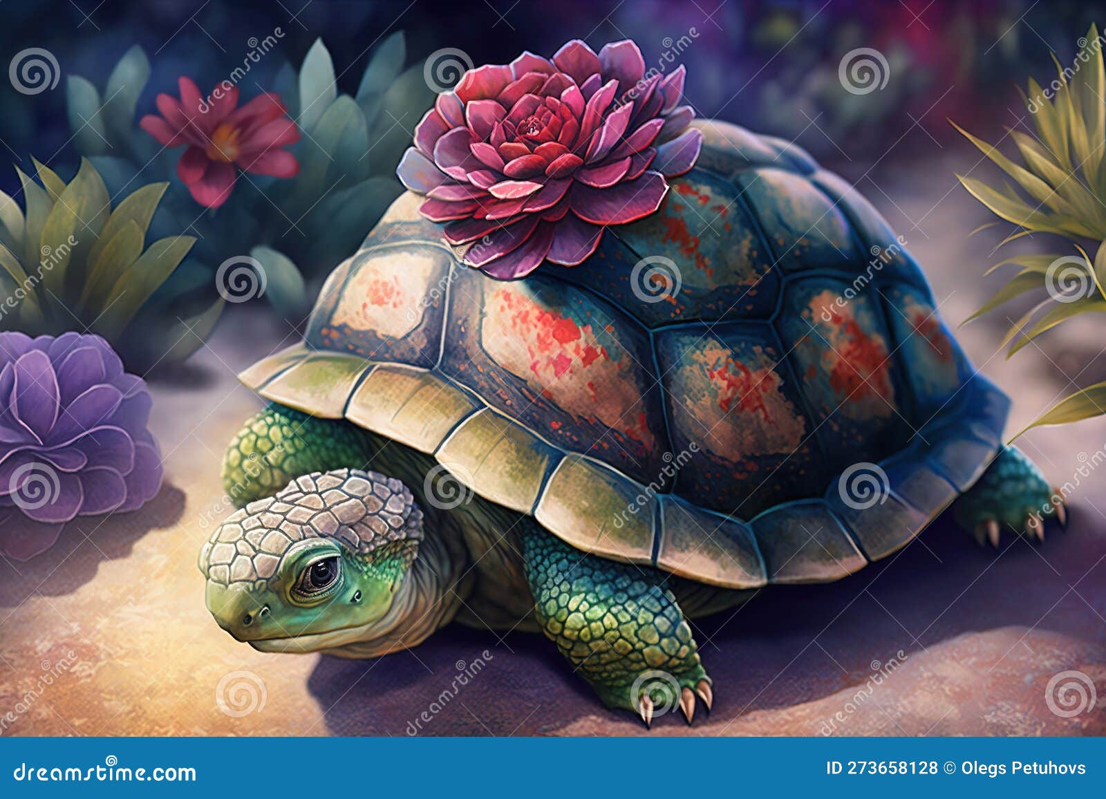 A Painting of a Turtle with a Flower on Its Head Stock Illustration ...