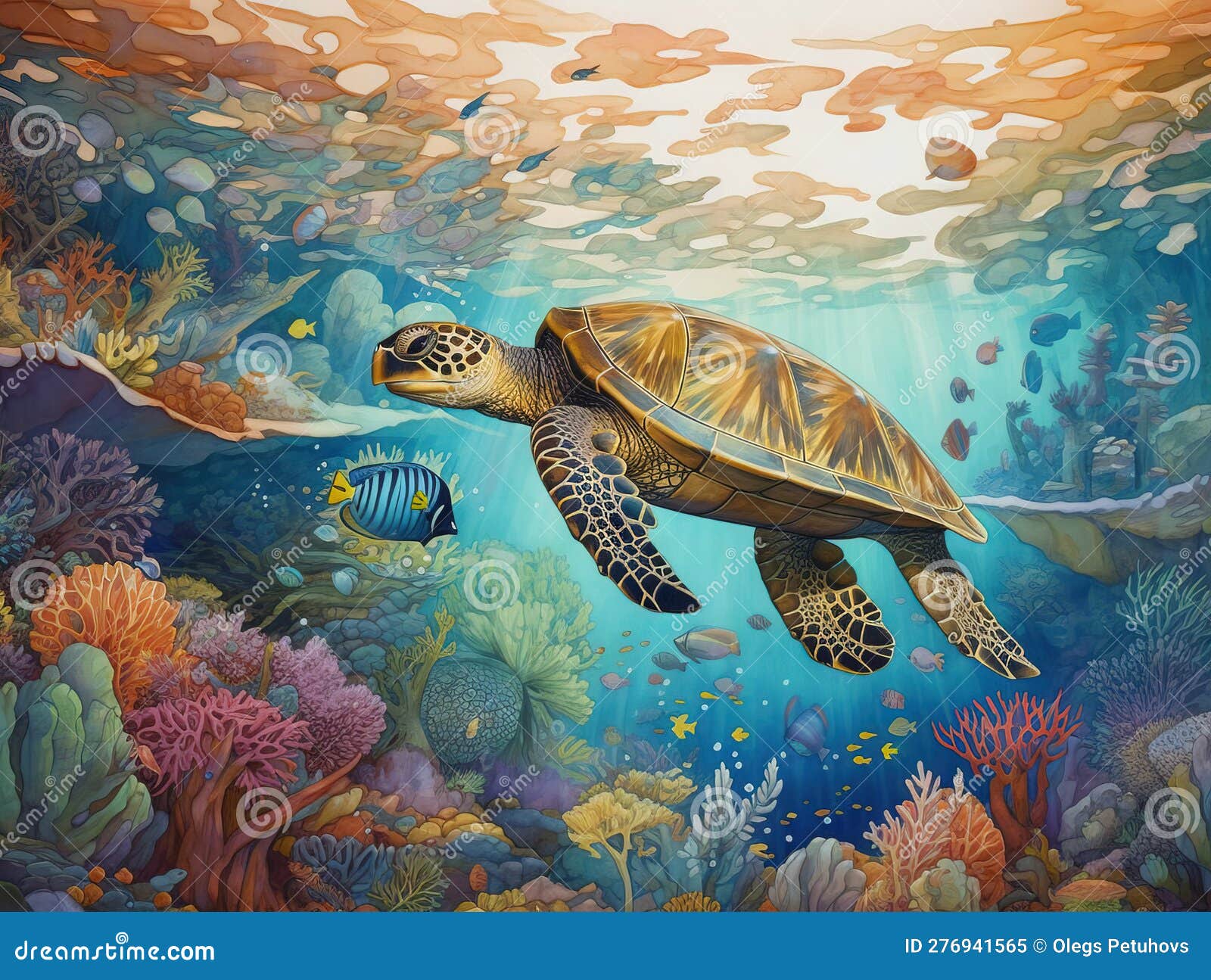 A Painting of a Turtle Swimming in the Ocean with a Fish Stock ...