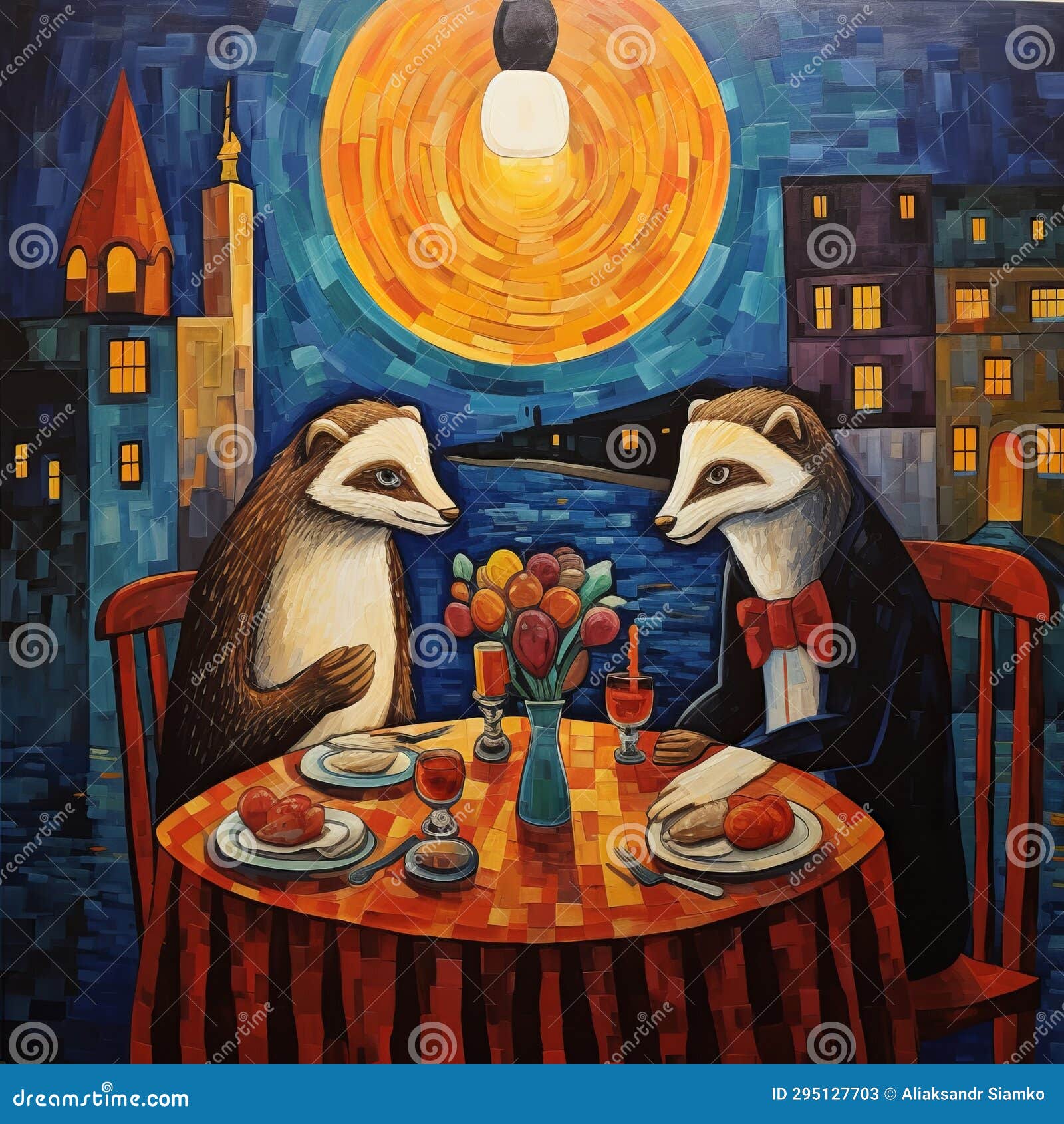 A Painting of Two Animals Sitting at Table Stock Image - Image of ...
