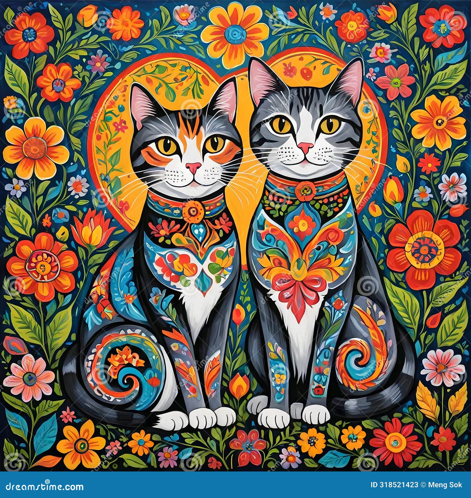 Painting of Two Cats Sitting on a Floraled Background with a Red Circle ...