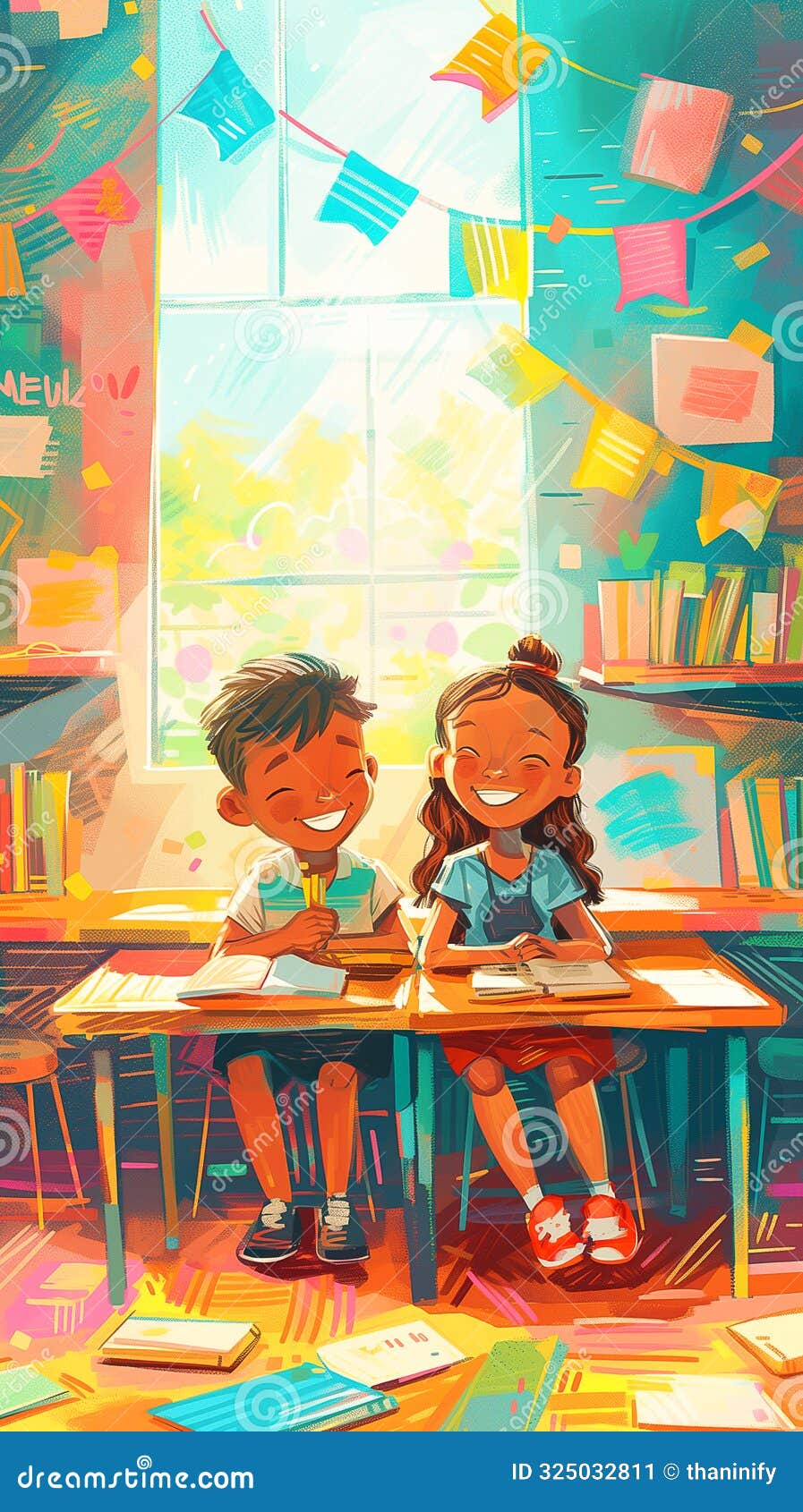 A Painting of Two Children Sitting at a Desk in a Classroom Stock ... A Painting of Two Children Sitting at a Desk in a Classroom Stock ...