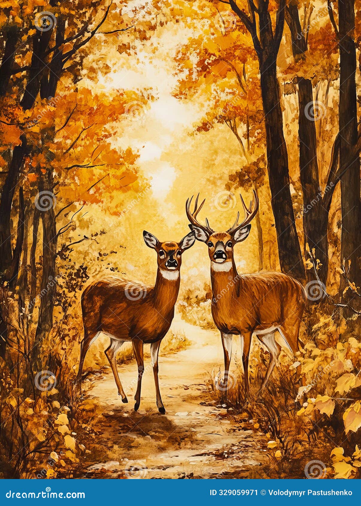A Painting of Two Deer Standing in the Woods Stock Image - Image of ...