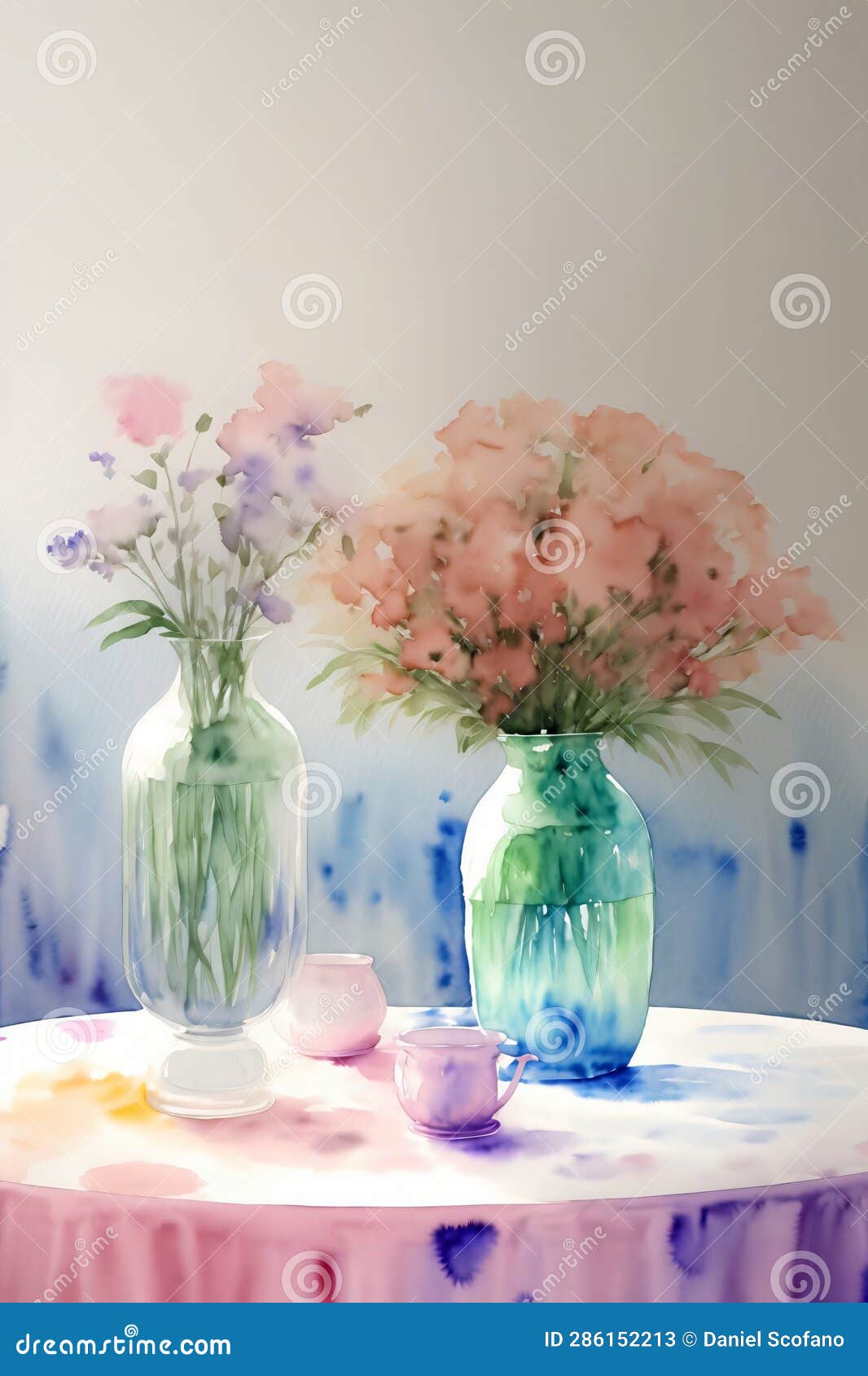 A Painting of Two Vases with Flowers on a Table. Generative AI Stock Illustration - Illustration ...