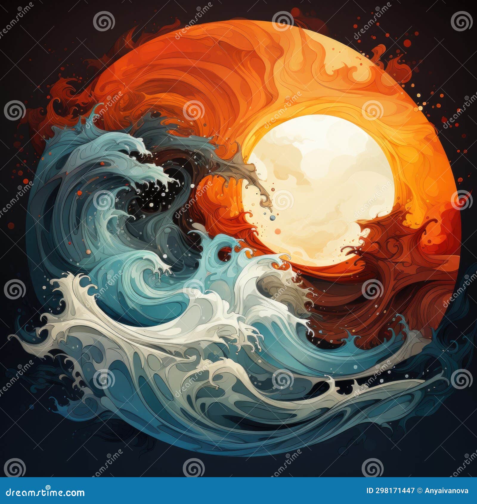 A Painting of Two Waves in Front of a Full Moon Stock Illustration ...