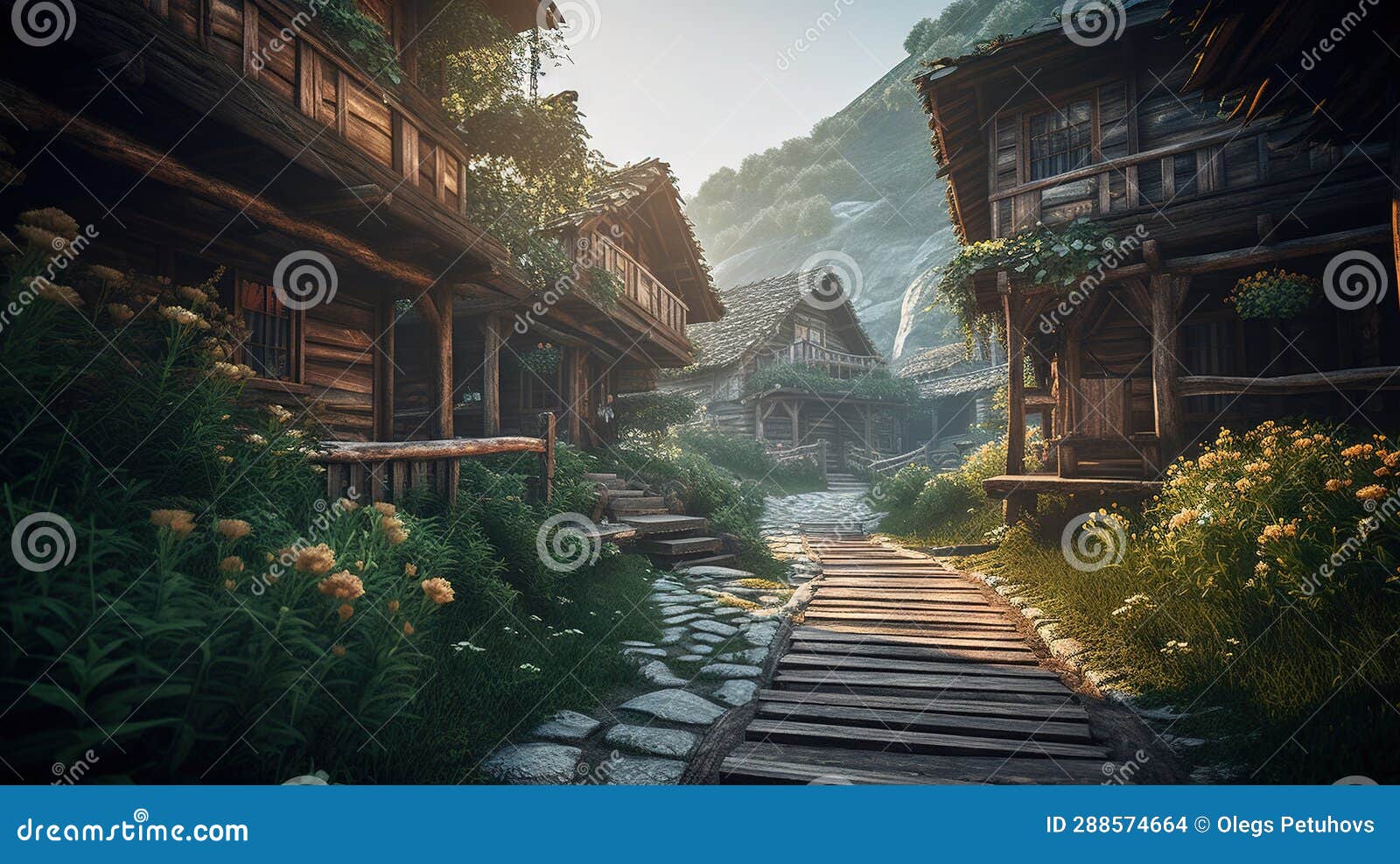 A Painting of a Village with a Path Leading To it Stock Illustration ...