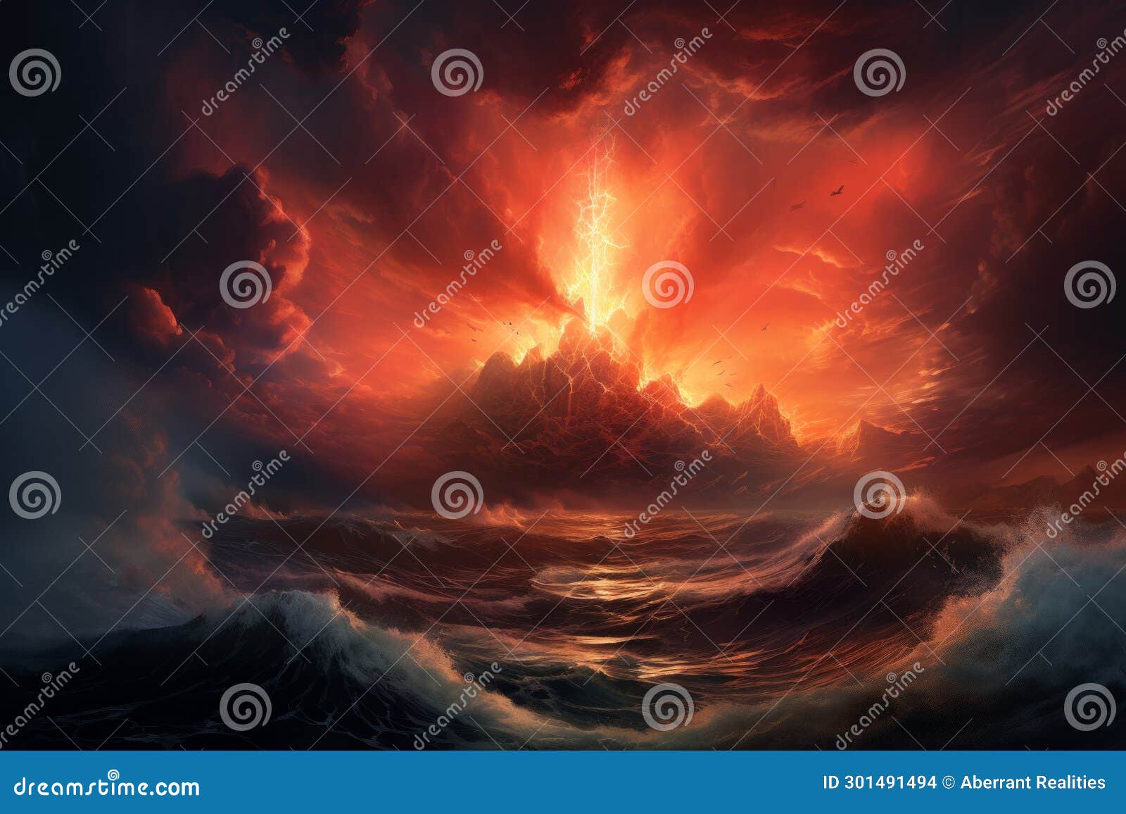 A Painting of a Volcano with Fire Coming Out of it Stock Illustration ...