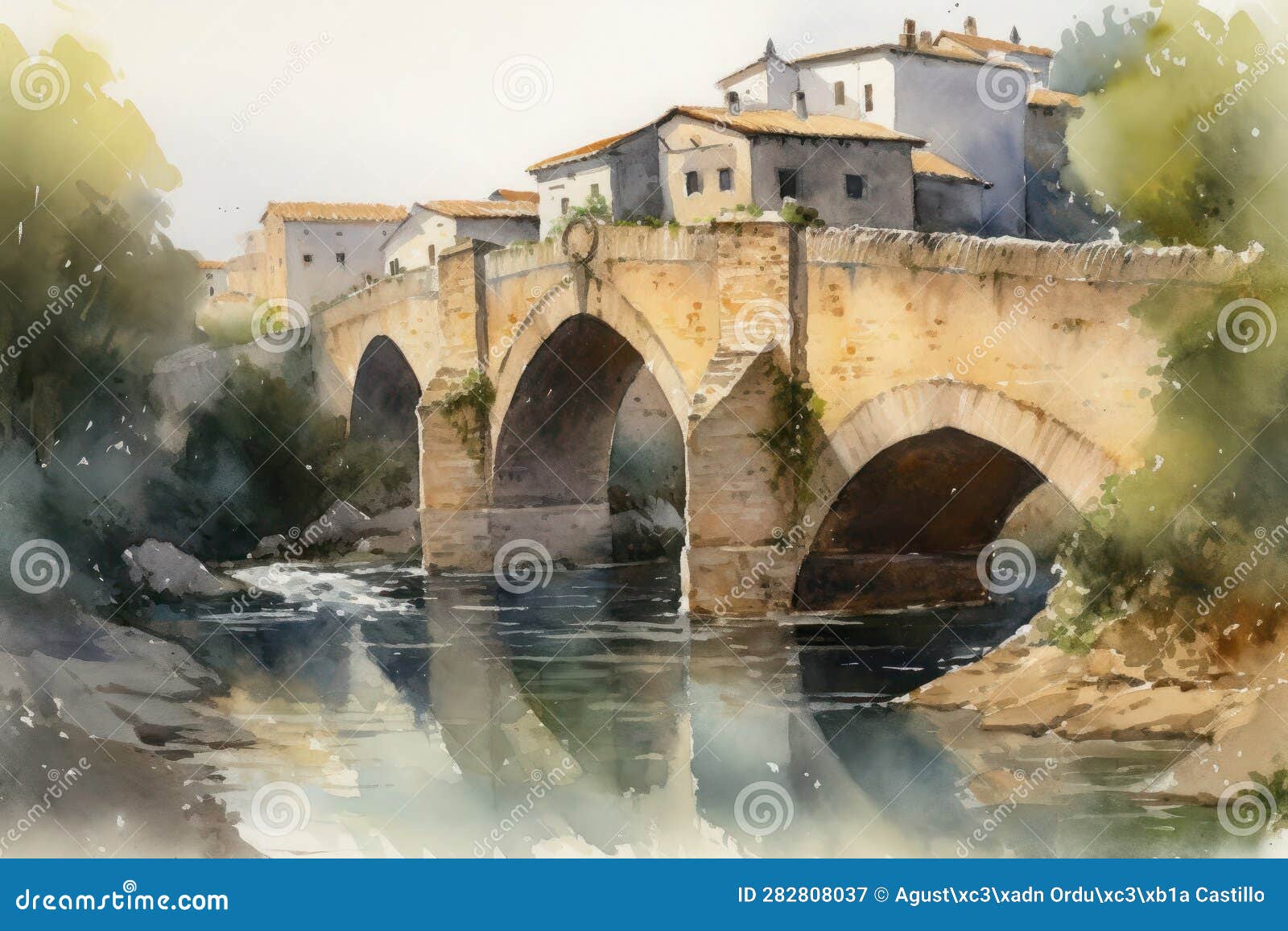 Painting of a Watercolor Drawing of a Medieval Bridge. Stock ...