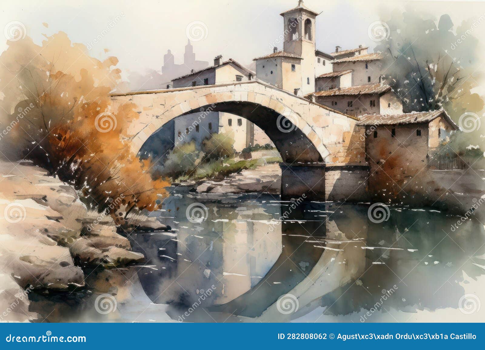 Painting of a Watercolor Drawing of a Medieval Bridge. Stock ...