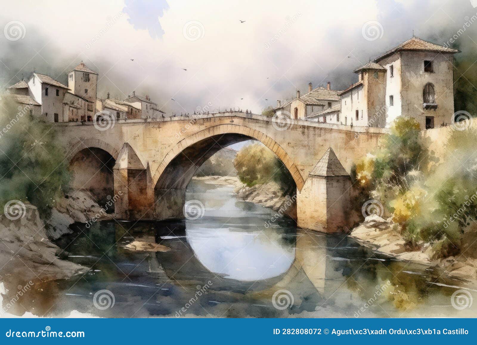 Painting of a Watercolor Drawing of a Medieval Bridge. Stock ...