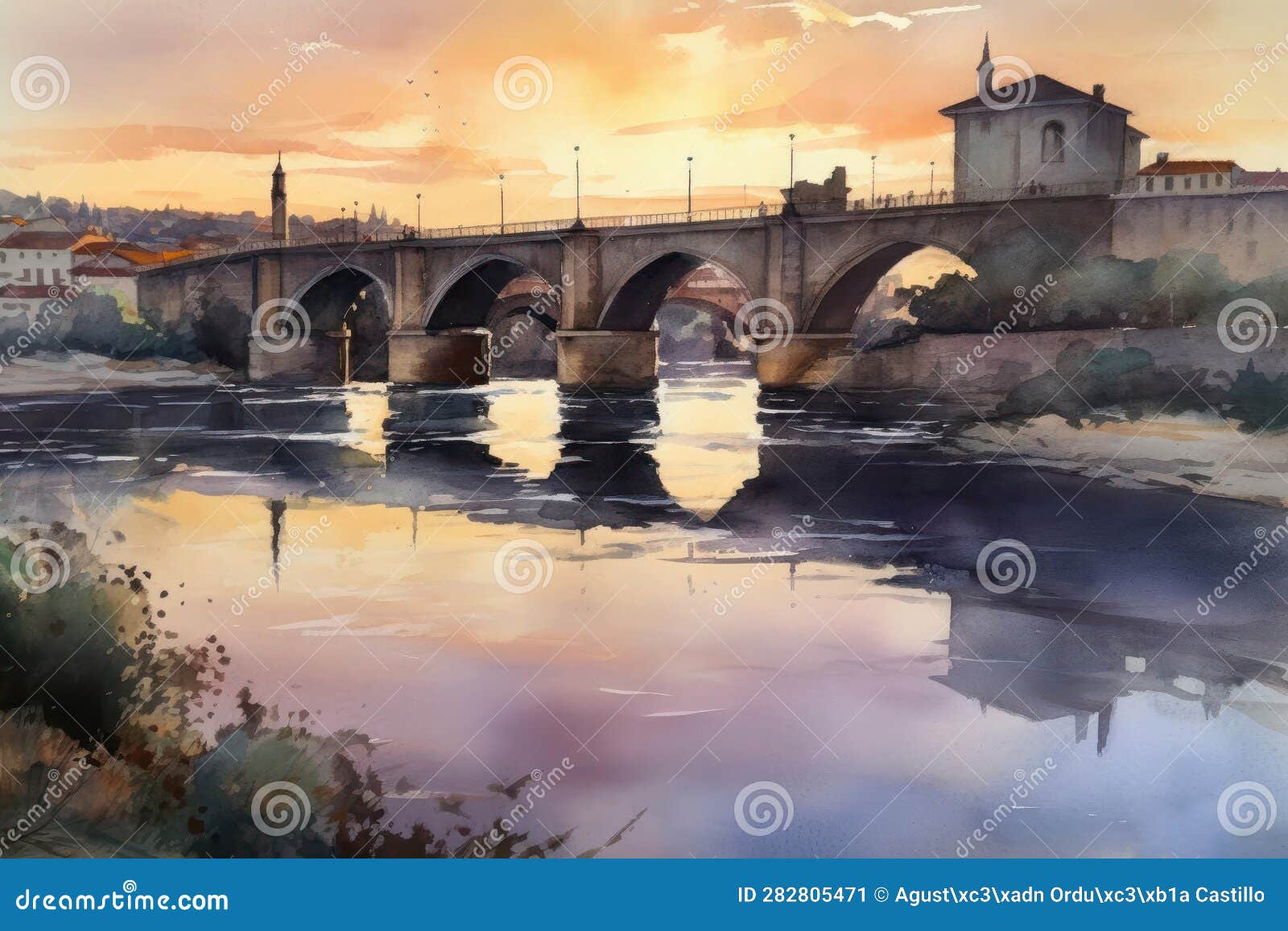 Painting of a Watercolor Drawing of a Medieval Bridge at Sunset. Stock ...