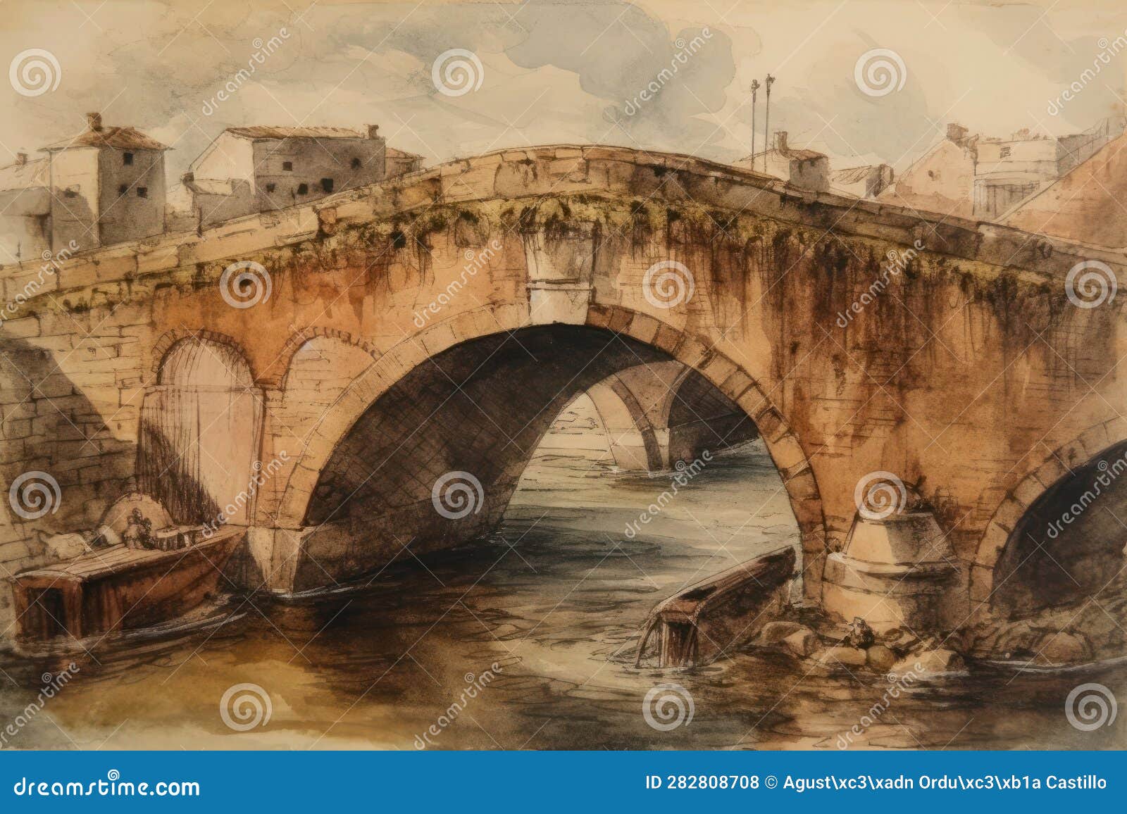 Painting of a Watercolor Drawing of a Medieval Bridge at Sunset. Stock ...