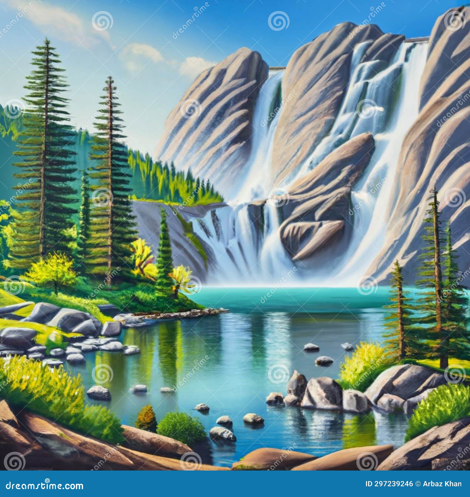 Waterfall Cascading into a Crystal-clear Mountain Lake., Painting Stock ...