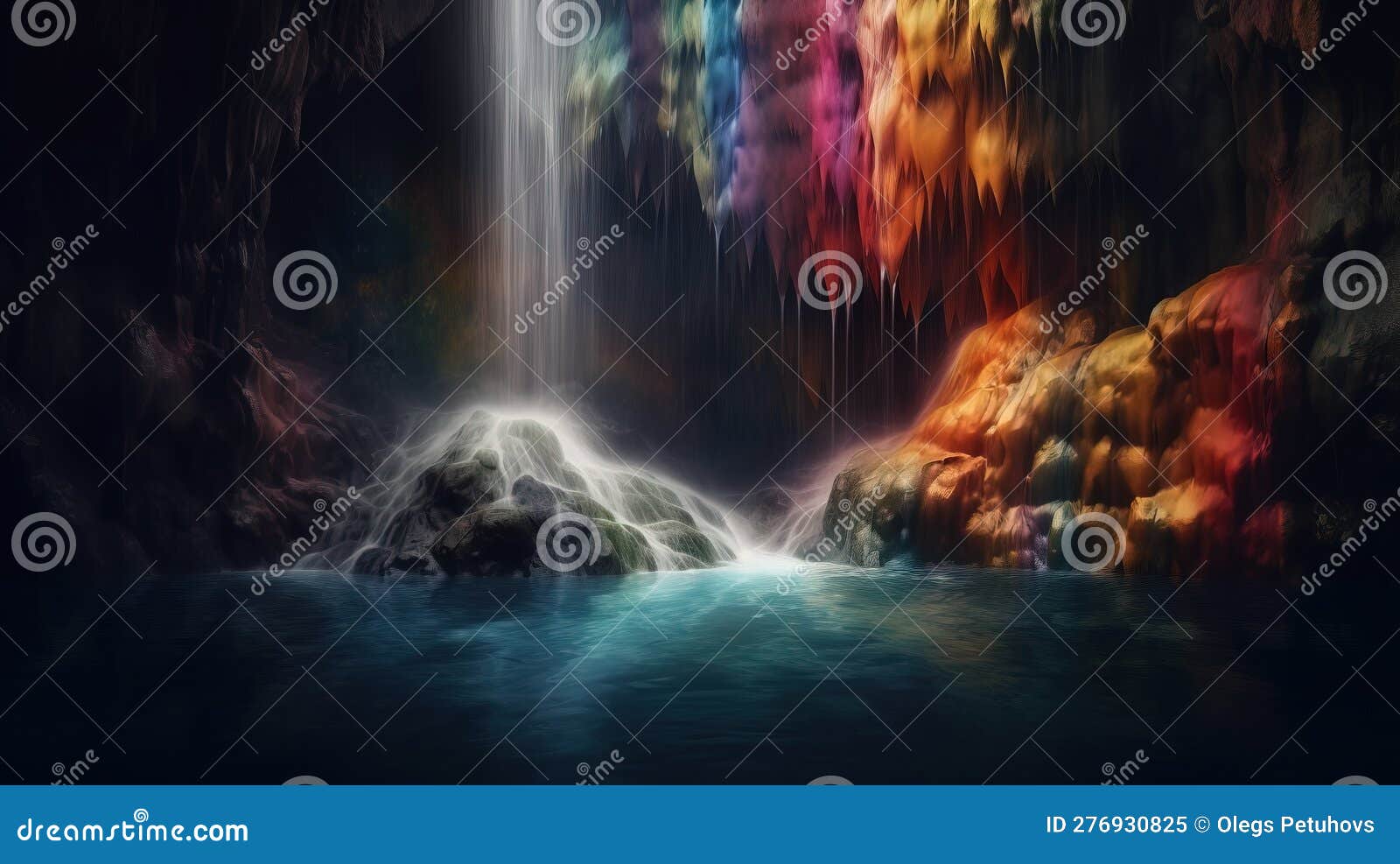 A Painting of a Waterfall in the Middle of a Lake with a Waterfall in ...