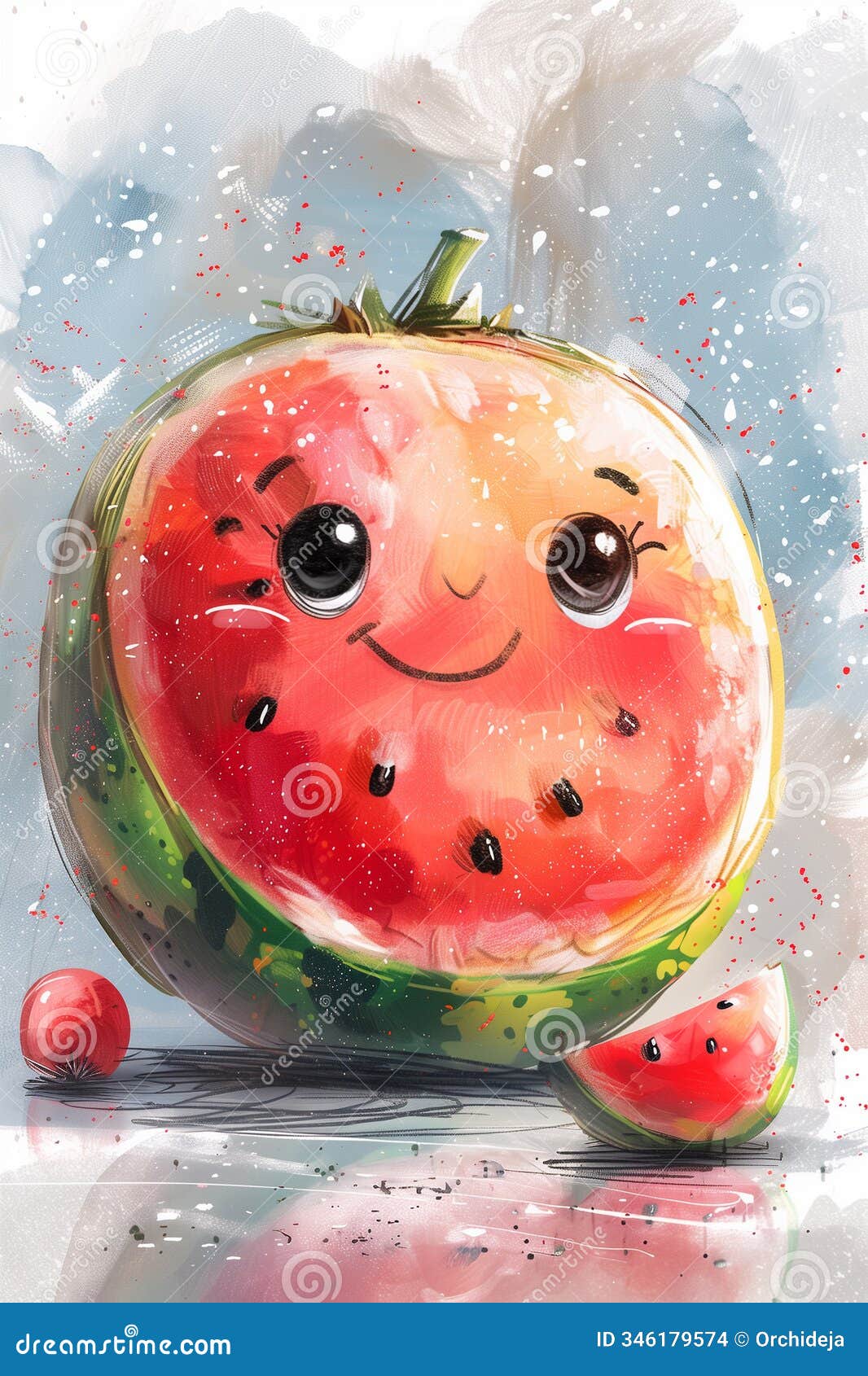 A Painting of a Watermelon with a Smiley Face on a White Background ...