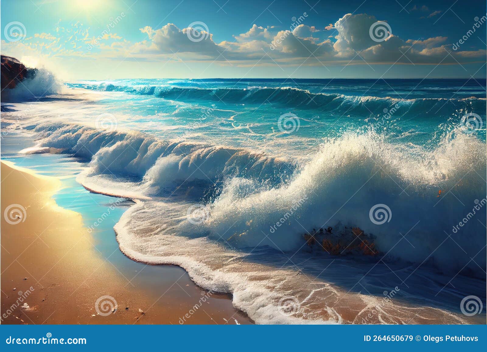 A Painting of a Wave Crashing on the Beach with a Sun in the Background ...