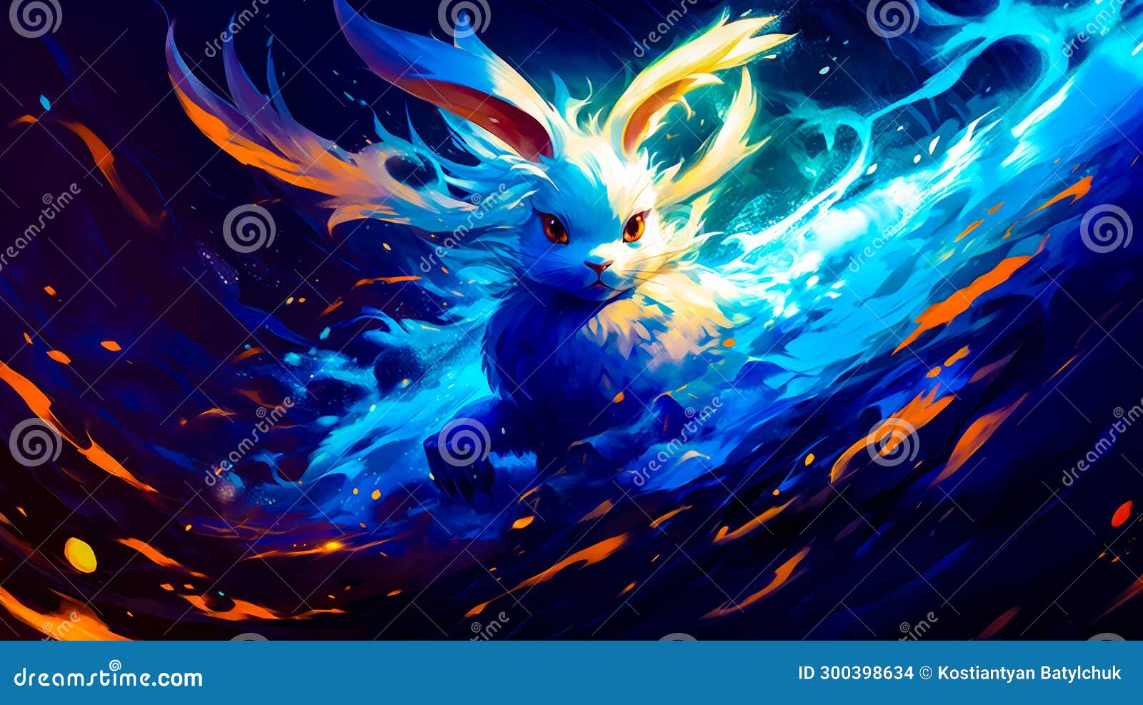 Painting of White Rabbit in the Ocean with Blue and Orange Waves ...