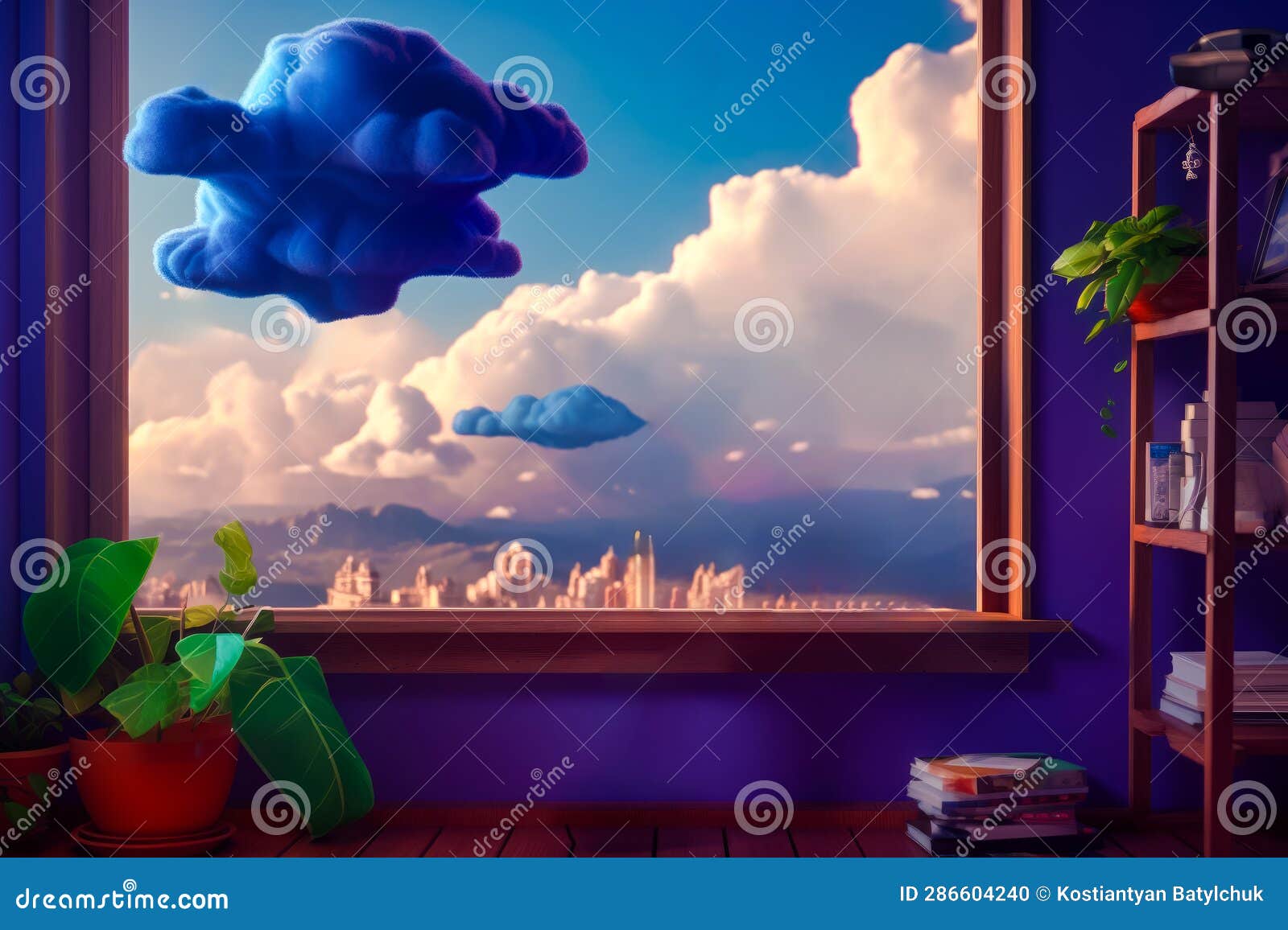 Painting of Window with View of City in the Distance Stock Photo ...