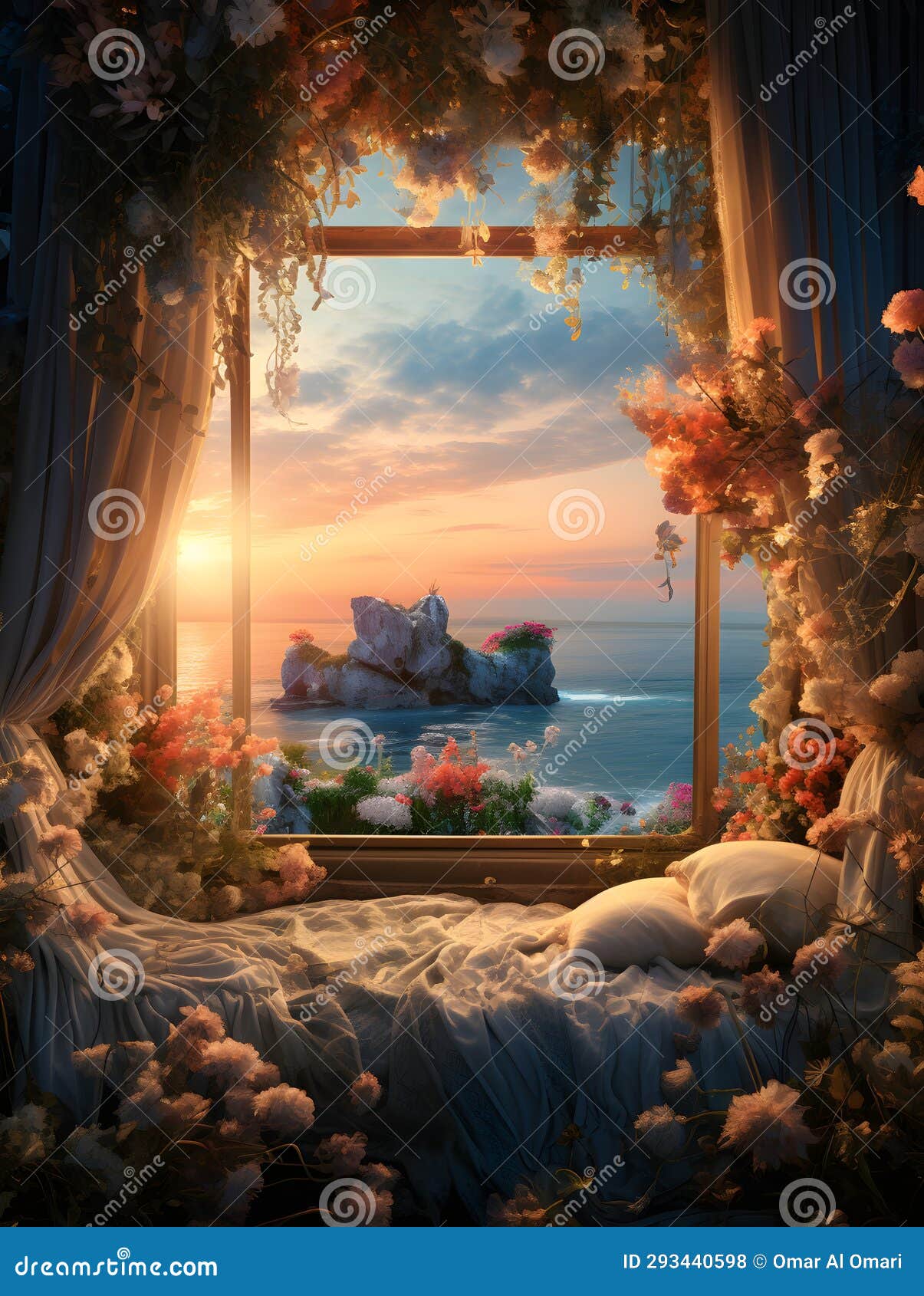 A Painting of a Window with a View of the Ocean.Window View from Open ...