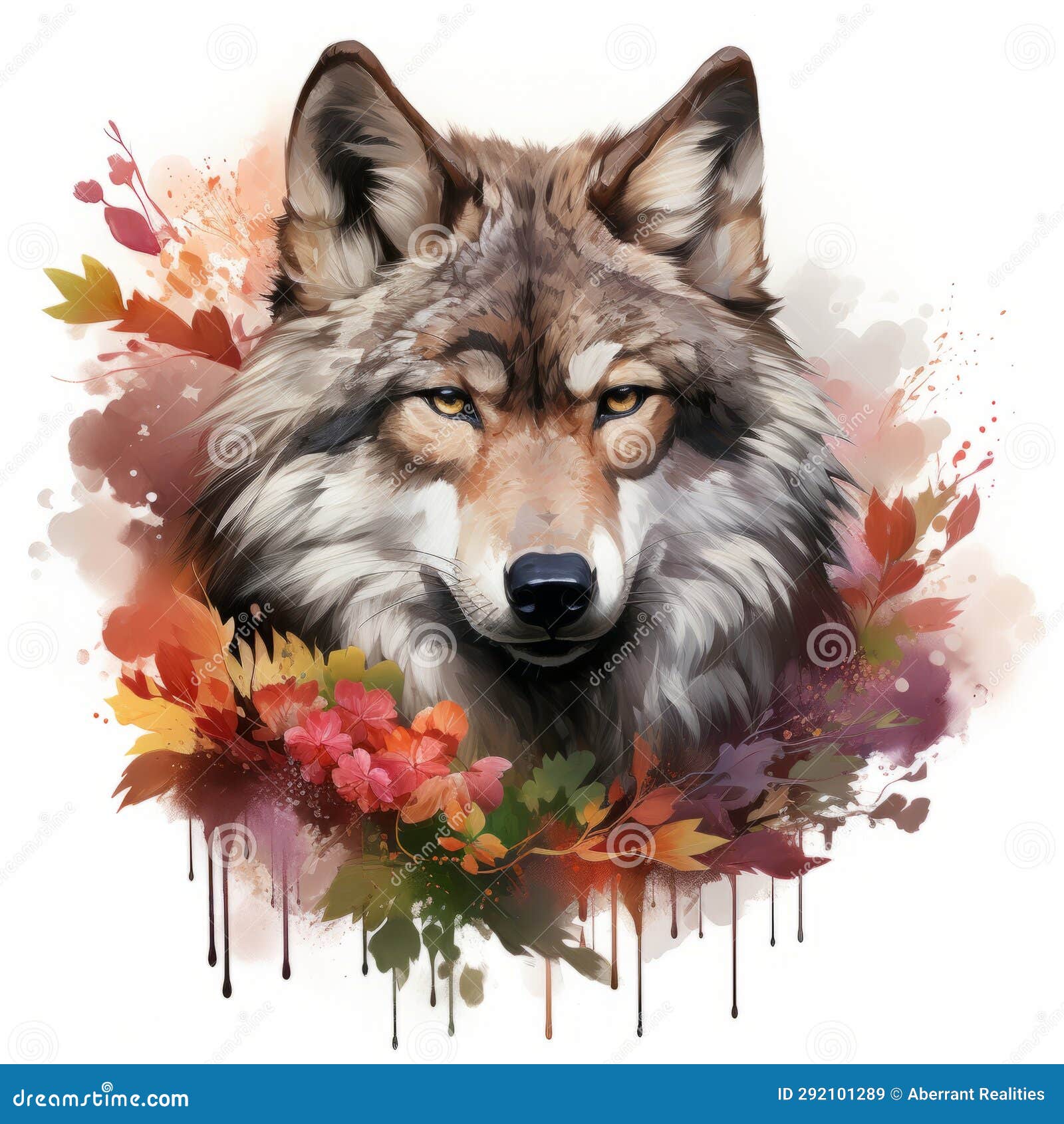 A Painting of a Wolf with Leaves Around it Stock Illustration ...
