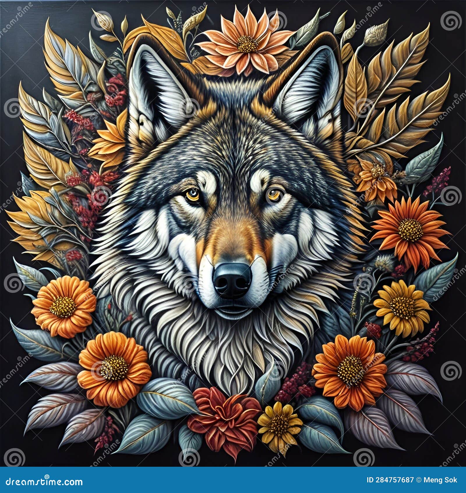 A Painting of a Wolf Surrounded by Sunflowers, Alpha Wolf Head. Stock ...
