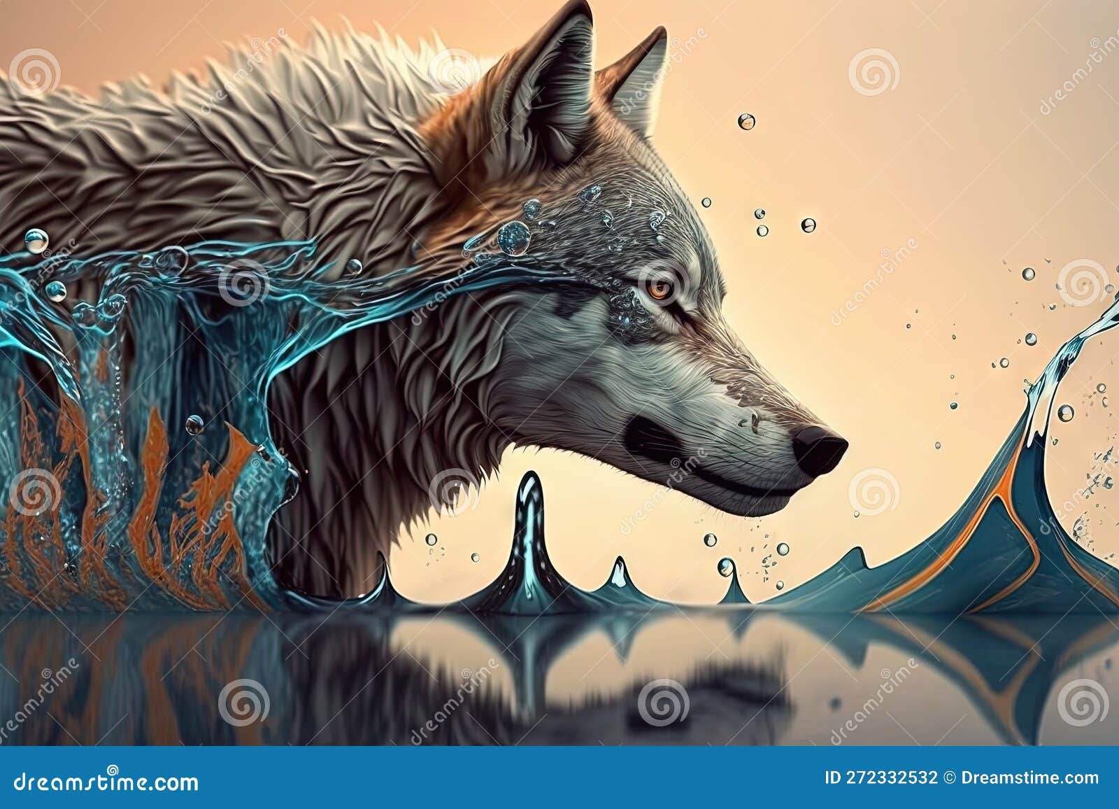 A Painting of a Wolf in the Water with a Splash of Water on it S Face ...