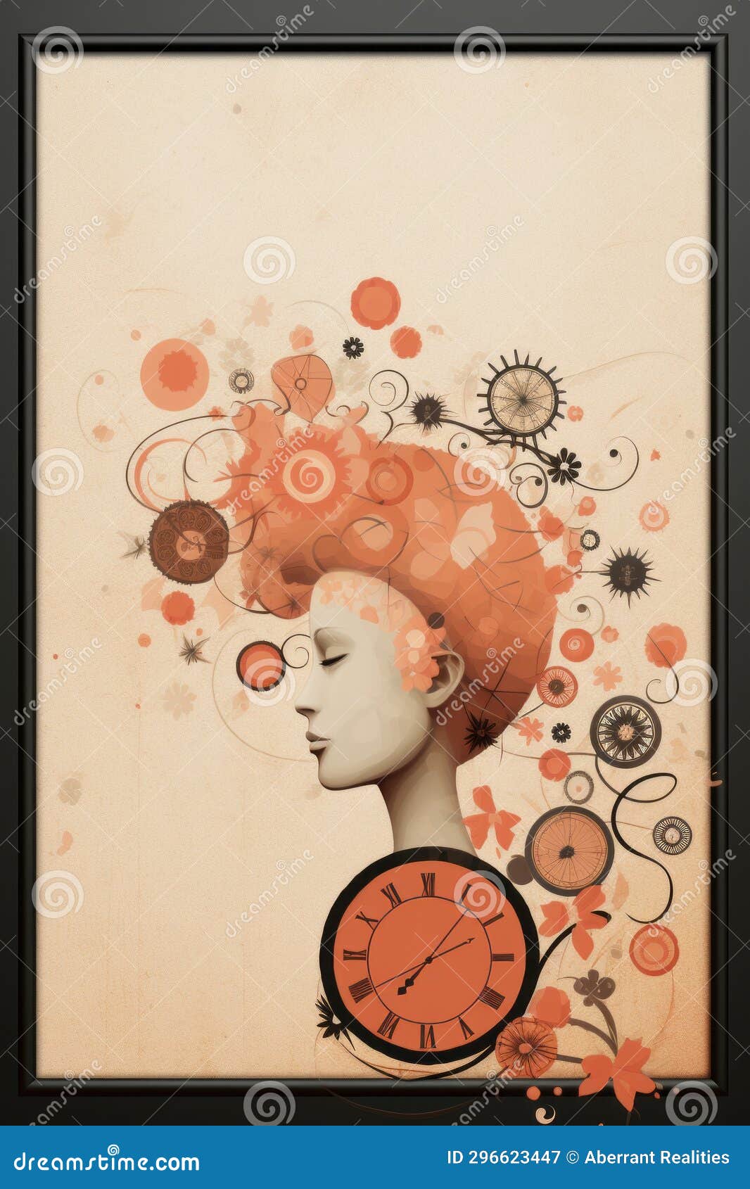 A Painting of a Woman with a Clock in Her Head Stock Illustration ...