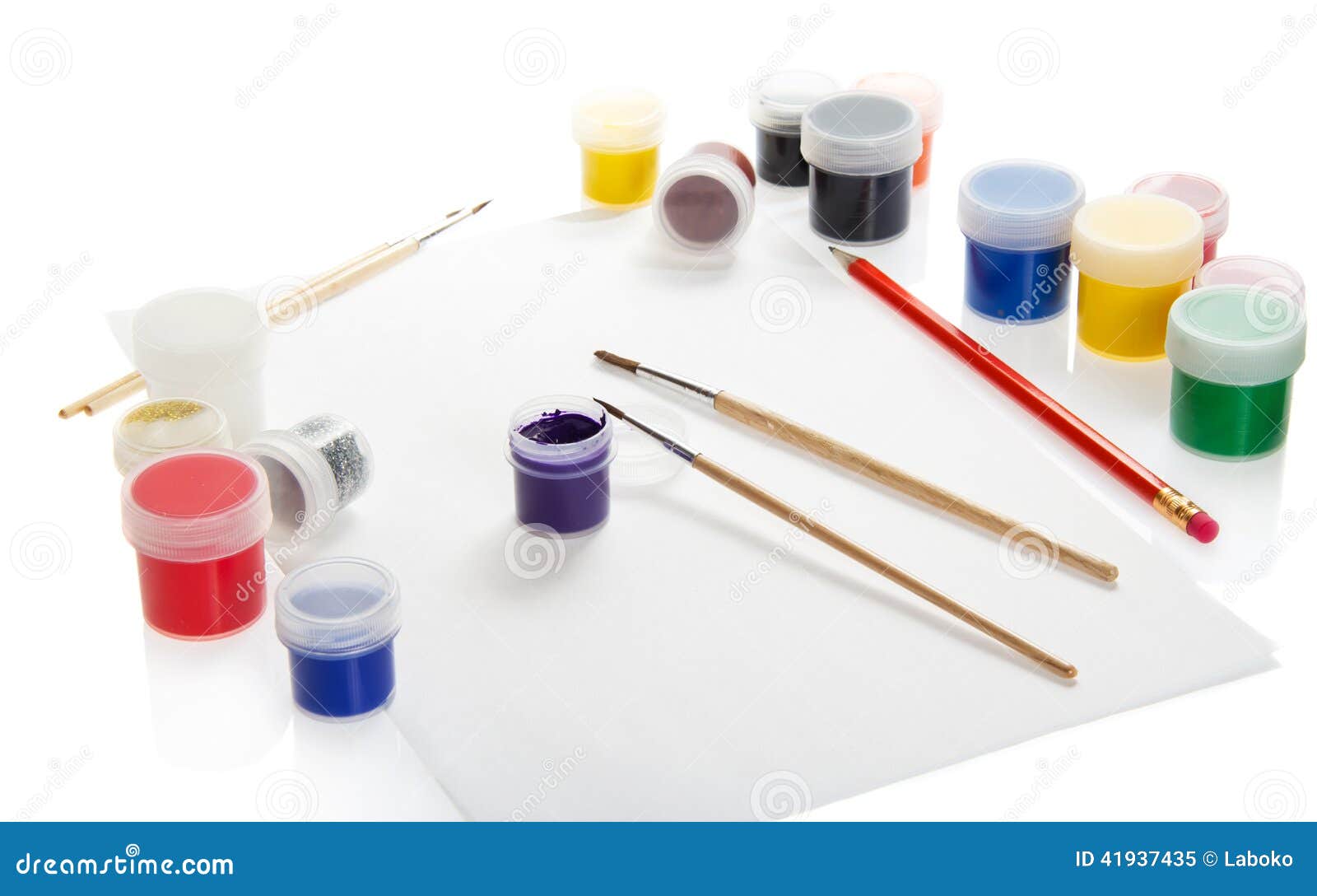 Paints, Brushes and Pencil on the Paper Stock Image - Image of artistic ...