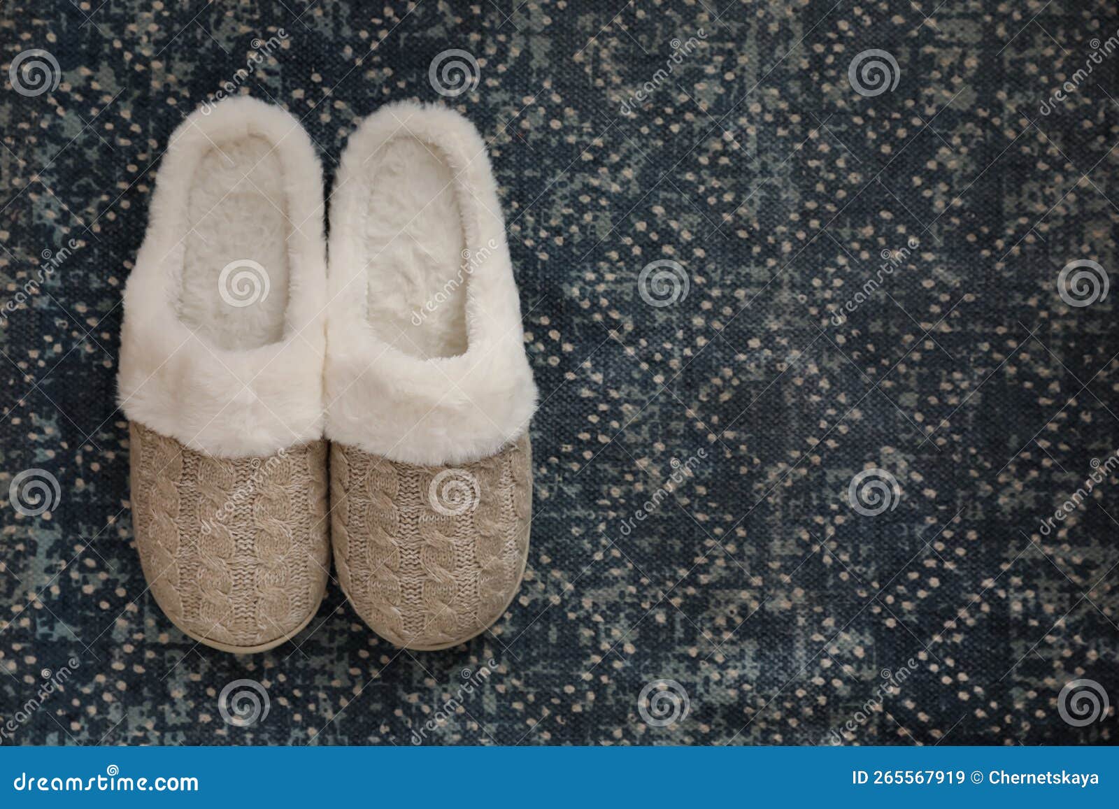 Pair of Beautiful Soft Slippers on Carpet, Top View. Space for Text ...