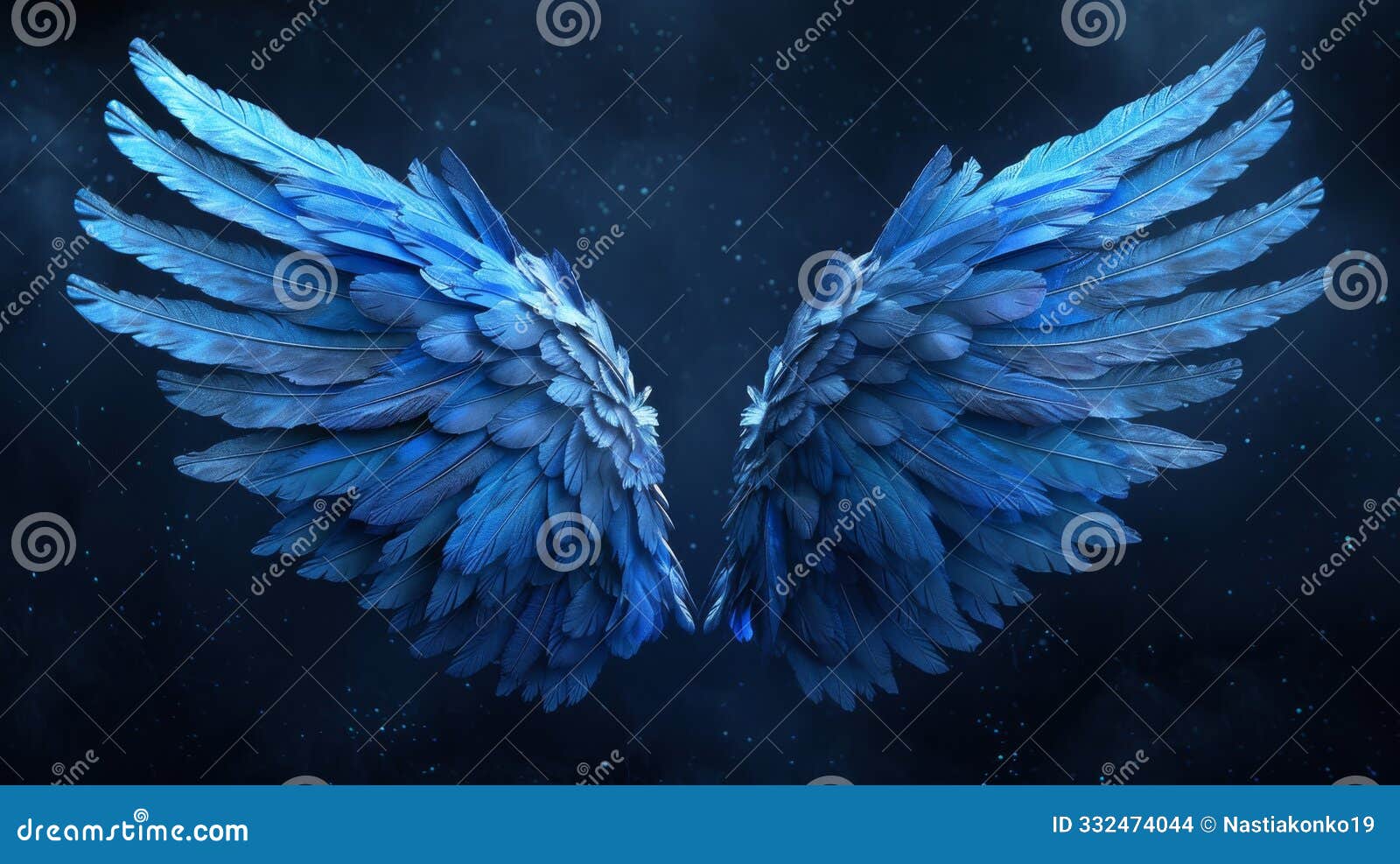 Pair of Blue Angel Wings with Feathers Spread Against Dark Cosmic ...
