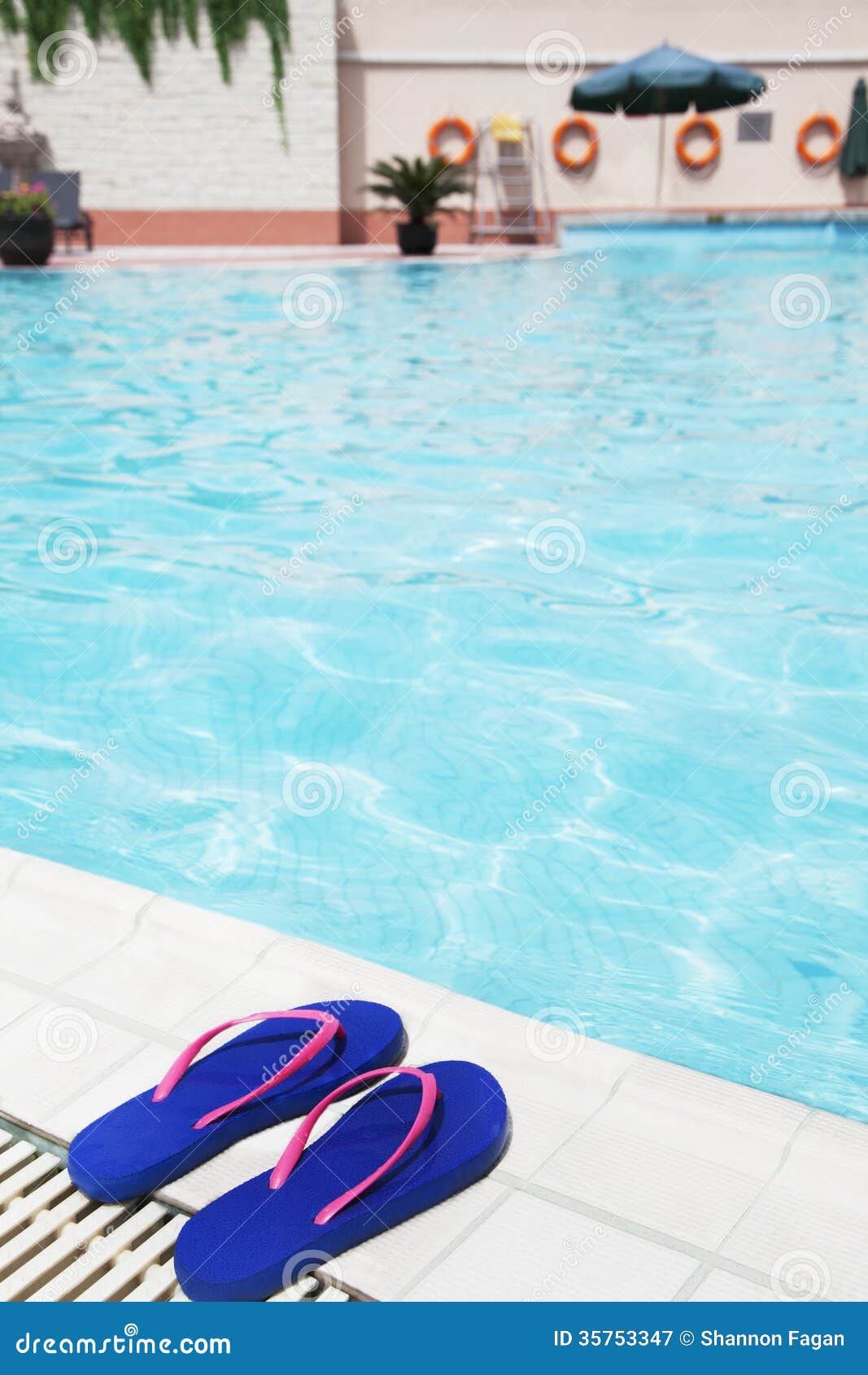 Pair of Blue Flip Flops by the Pool Side Stock Image - Image of away ...