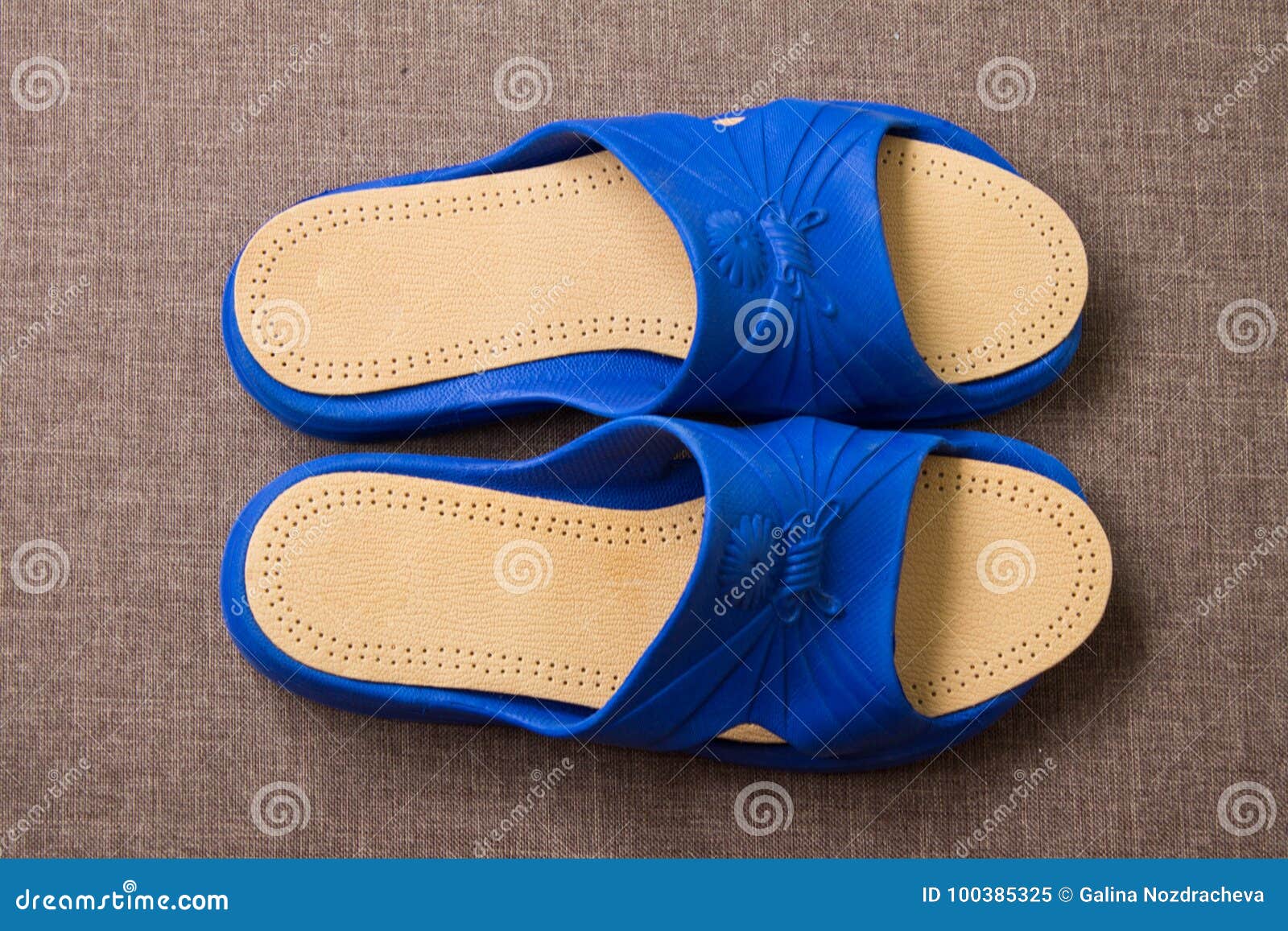 Pair of Blue Home Slippers with Leather Insoles. Top View Stock Image ...