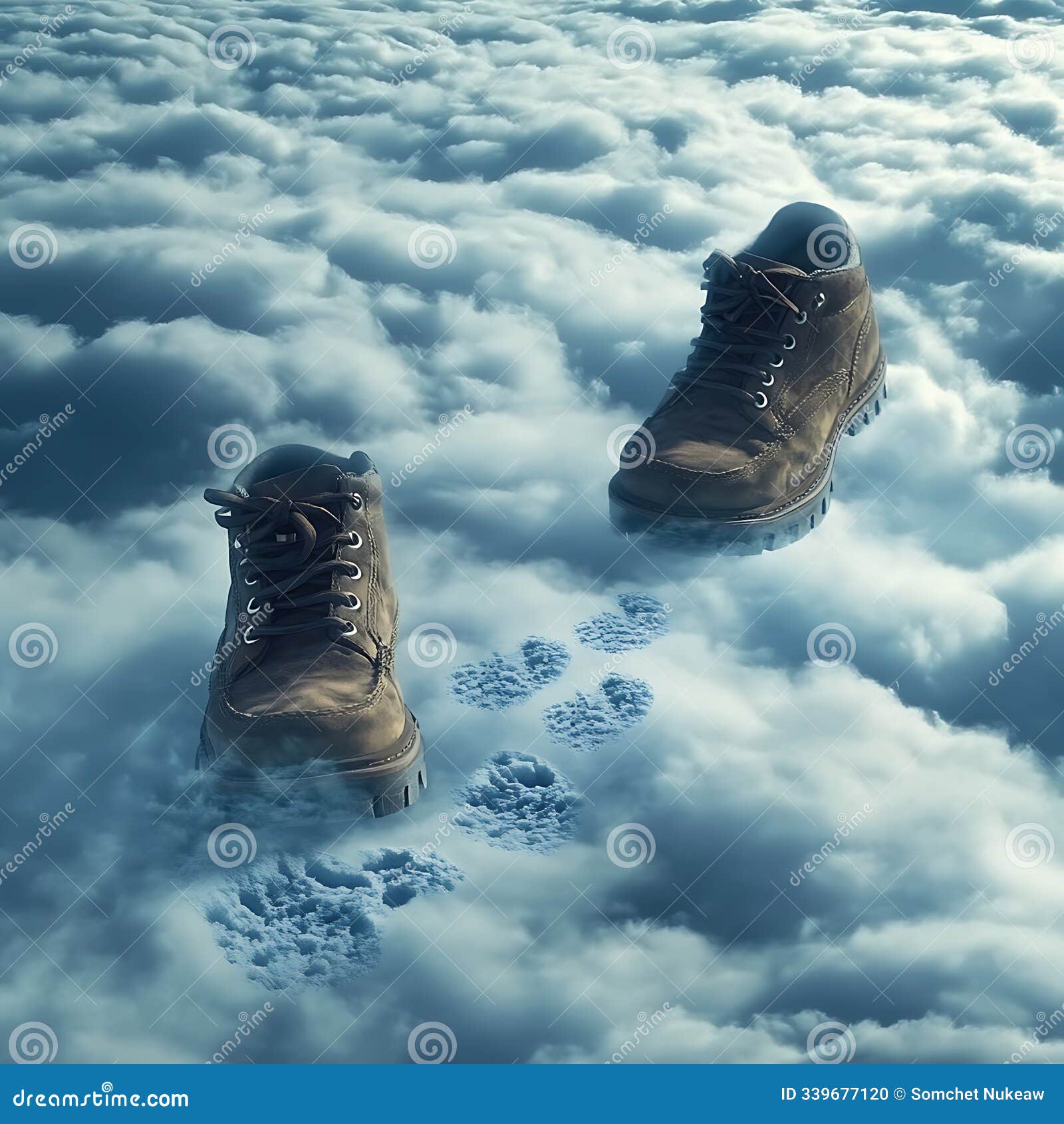 A Pair of Brown Boots Walking on Clouds, Leaving Footprints Stock Illustration - Illustration of ...