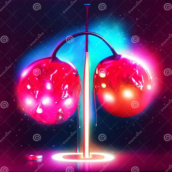 Pair of Cherries in Neon Light. 3D Rendering Stock Illustration ...