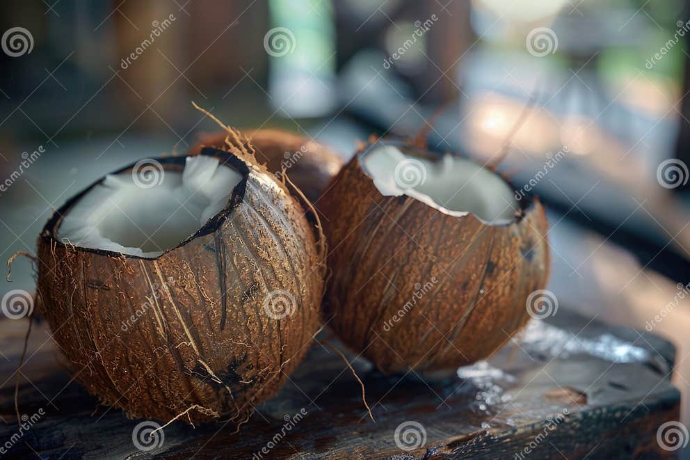 A Pair of Coconuts Resting on a Rustic Wood Surface, Perfect for ...