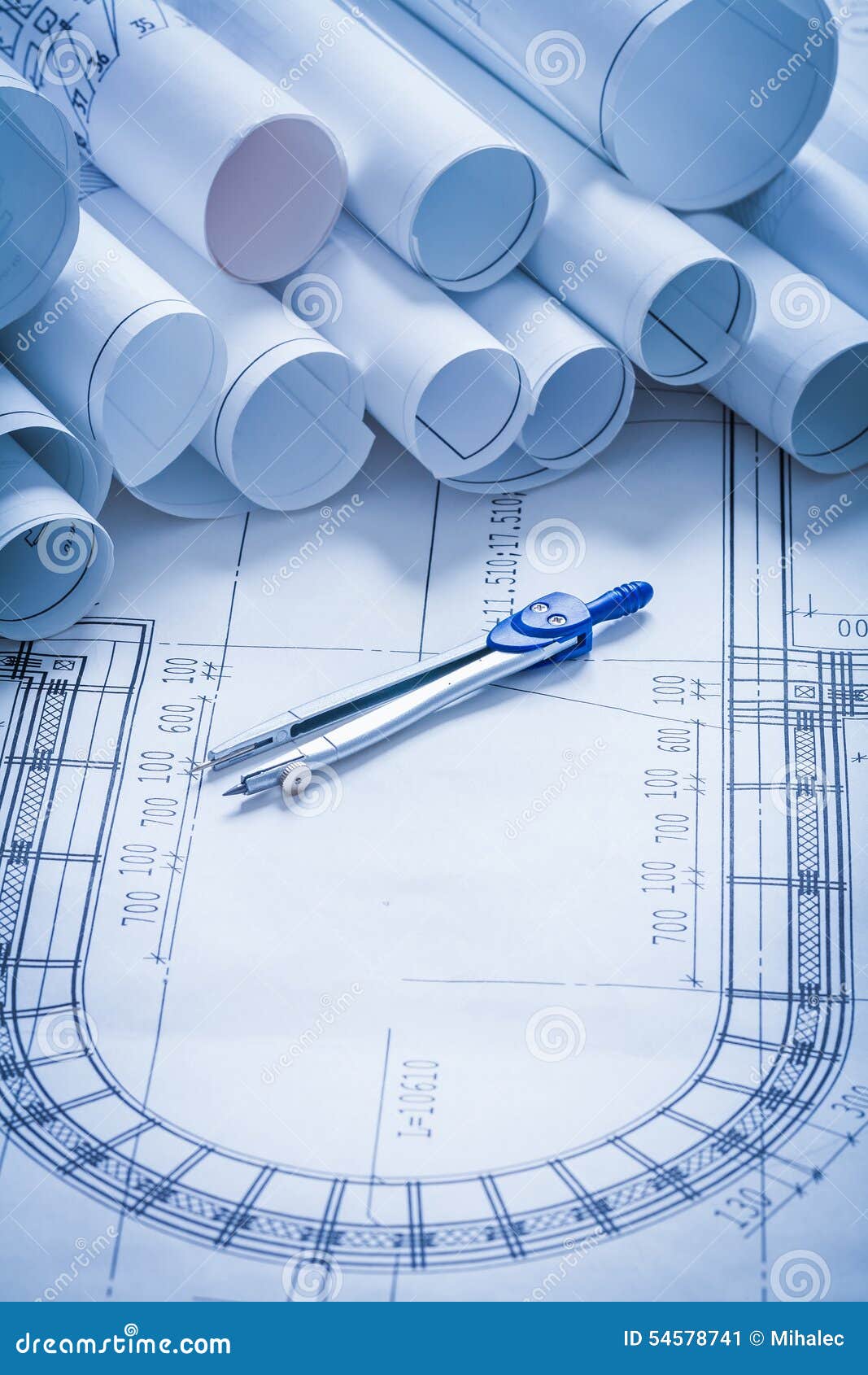 Pair of Compasses with Blueprints Building and Stock Image - Image of ...