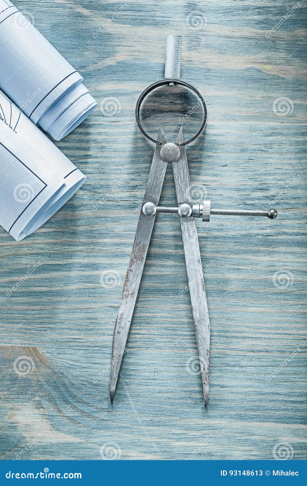 Pair of Compasses Blueprints on Wooden Board Construction Concep Stock ...