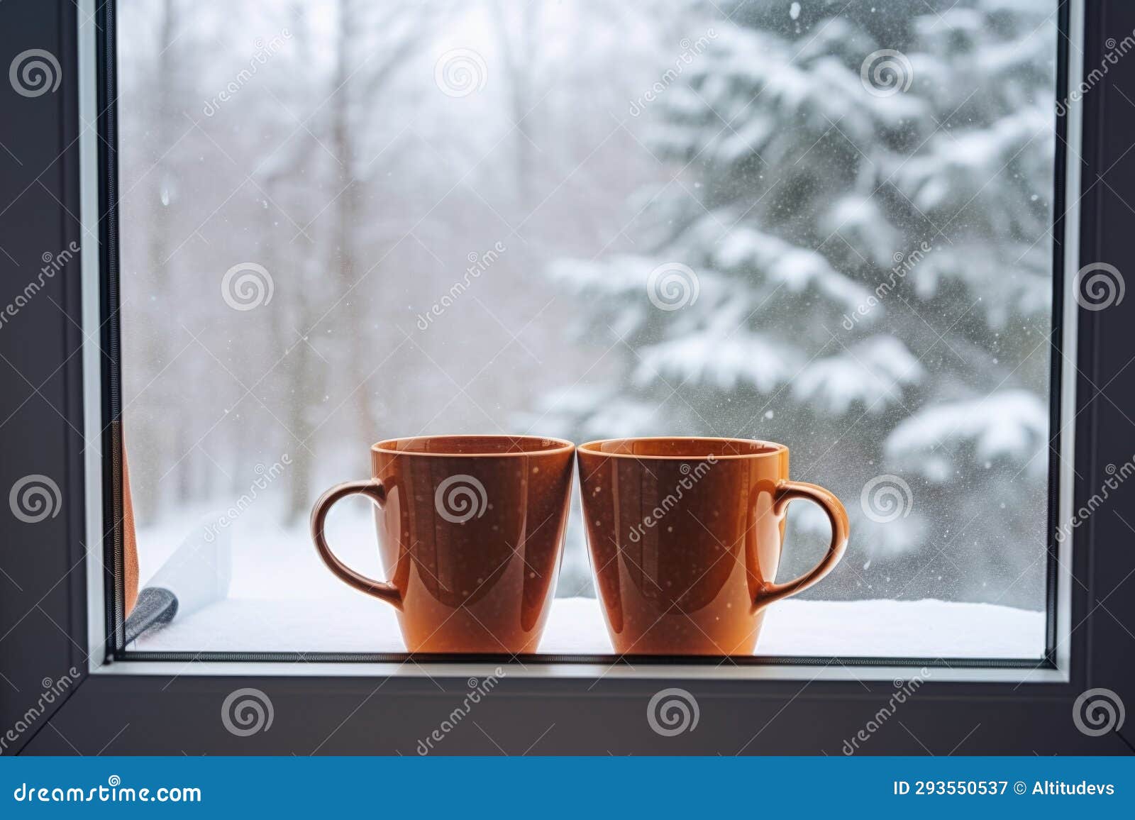 Pair of Connected Coffee Cups by a Window with Snow Outside Stock ...