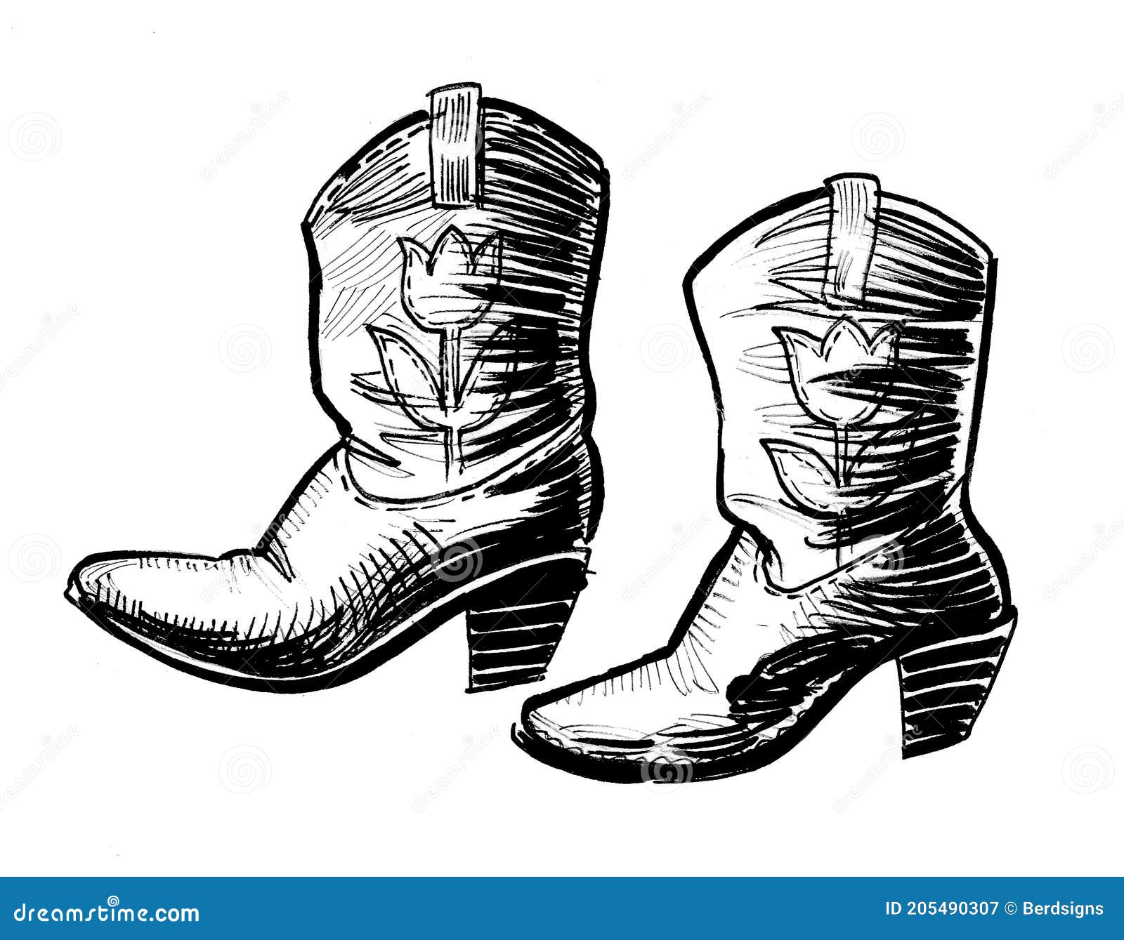 Pair Of Cowboy Boots With Spur Drawing On White Background Vector ...