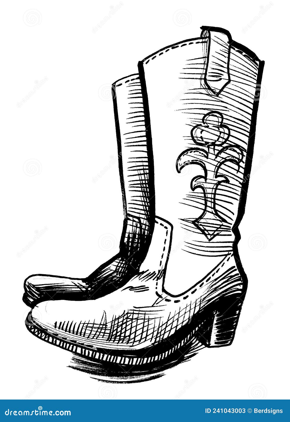 Pair Of Cowboy Boots With Spur Drawing On White Background Vector ...