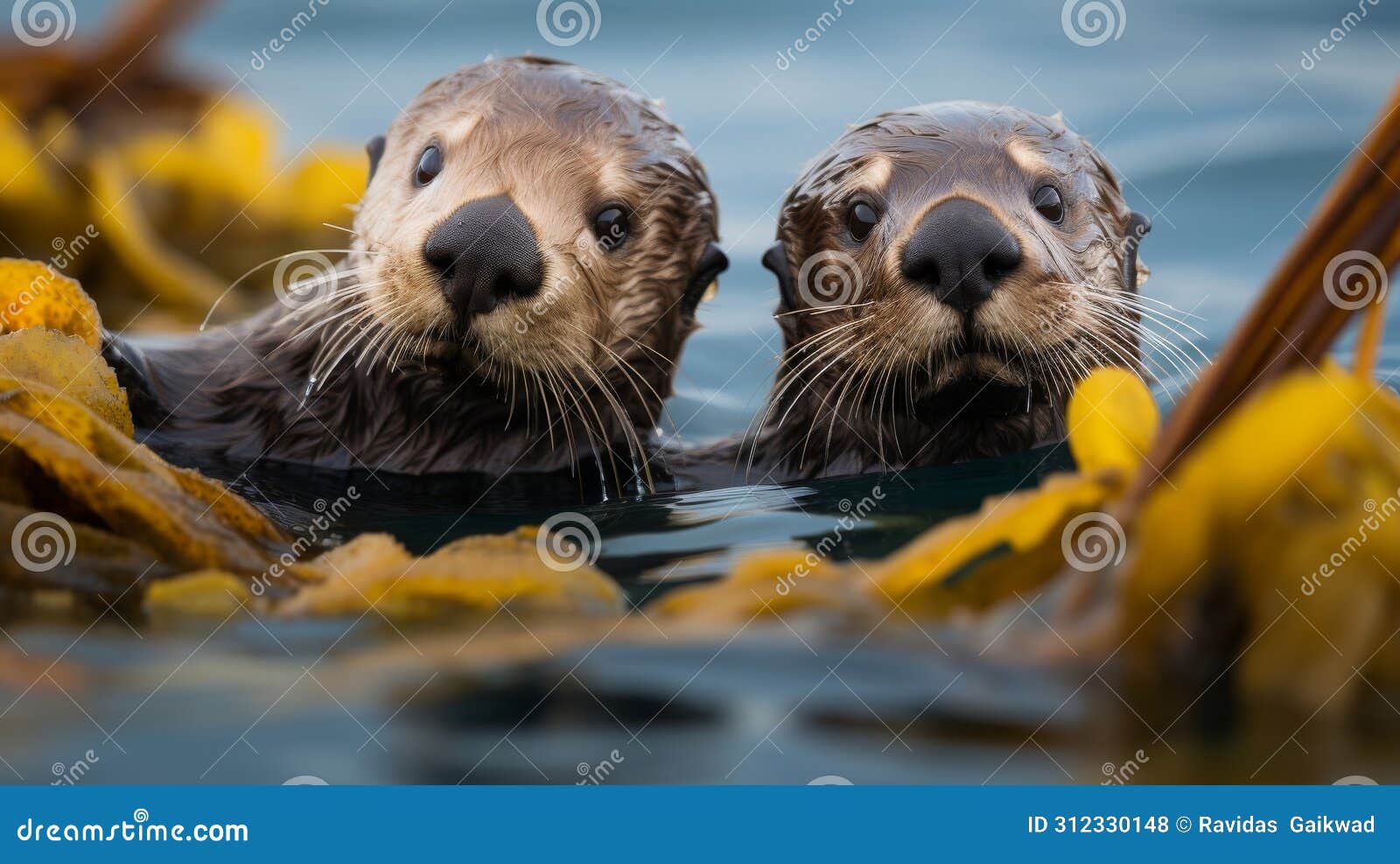 A Pair of Curious Sea Otters Floating in Kelp a Cute and Fun Scene ...