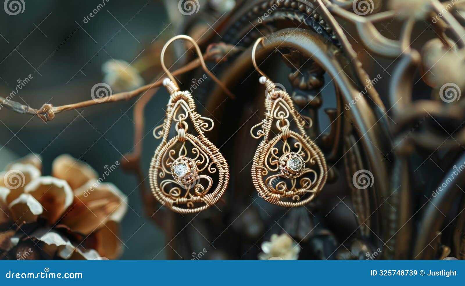 A Pair of Dainty Earrings Feature Intricate Wire Wrapping with Tiny ...