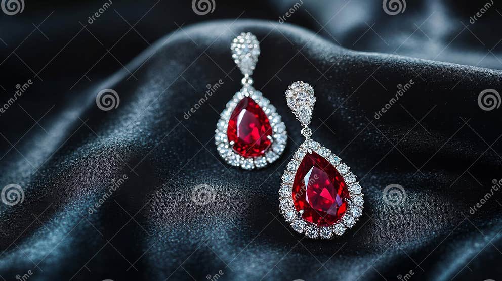 Pair of Diamond-Encrusted Ruby Earrings on Black Silk Stock ...